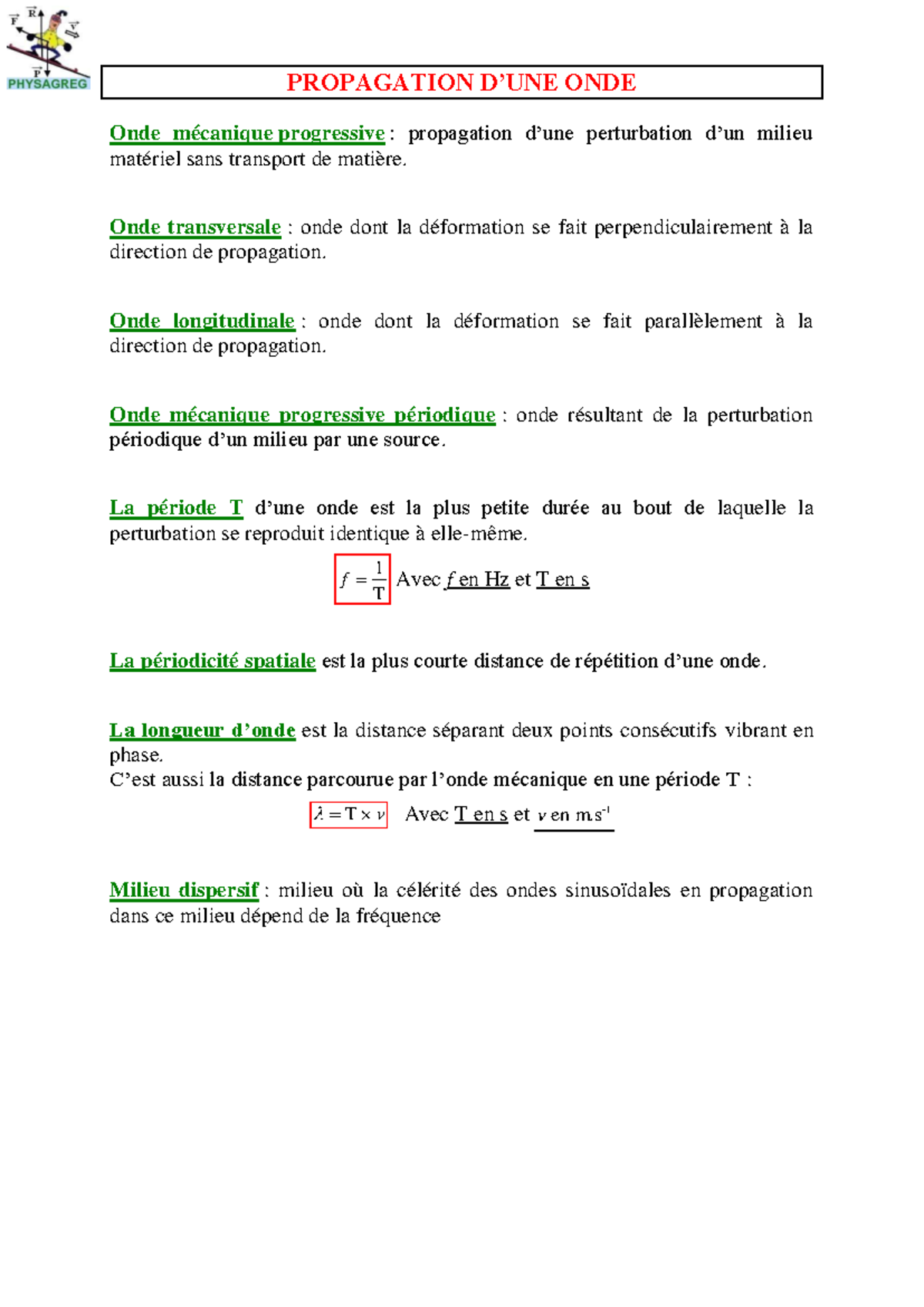 cours Physique de la propagation des ondes progressive/transversale ...