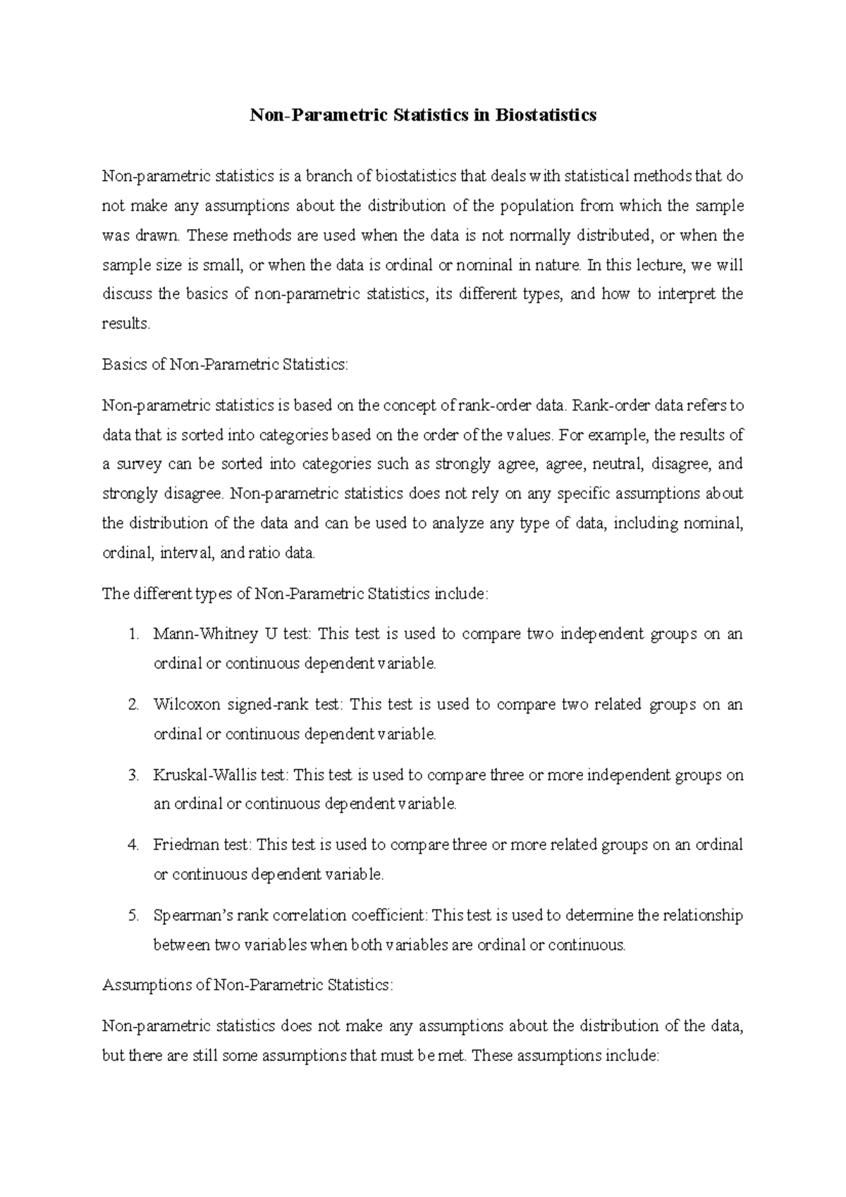 Non-Parametric Statistics in Biostatistics Biostatistics - Non-Parametric Statistics in - Studocu