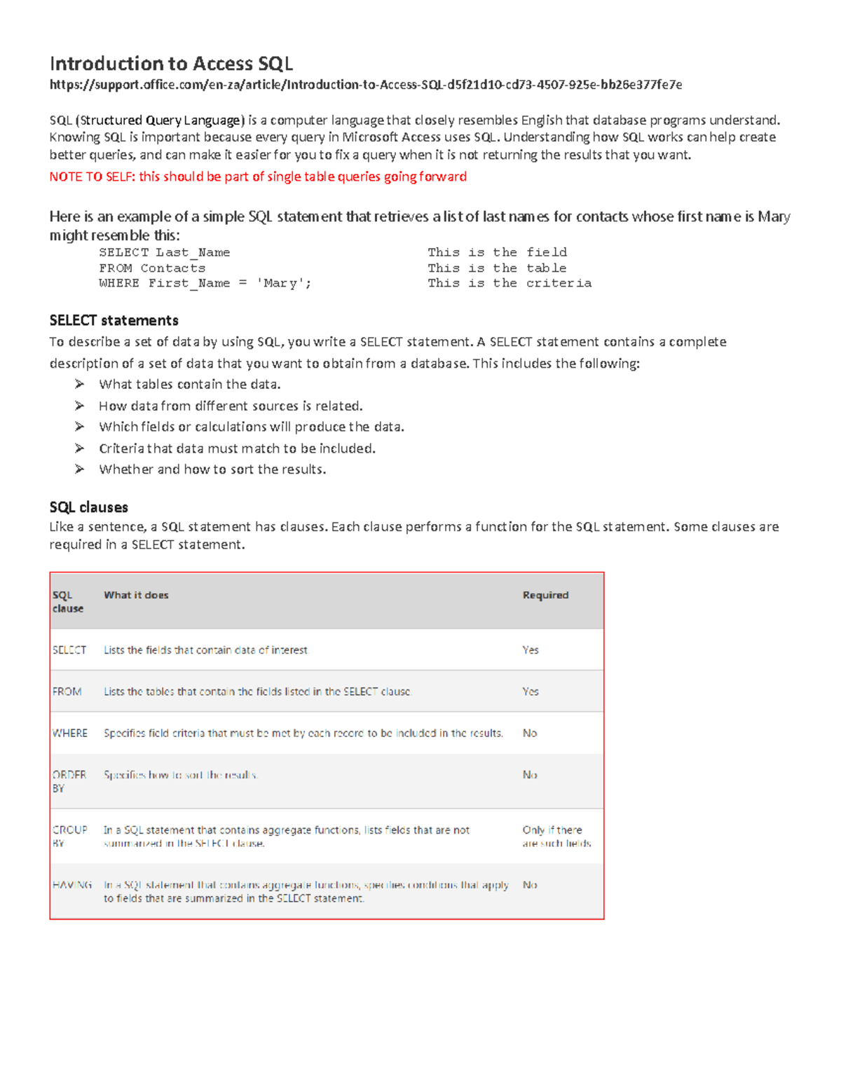 SQLIntro - Introduction to Access SQL - Studocu