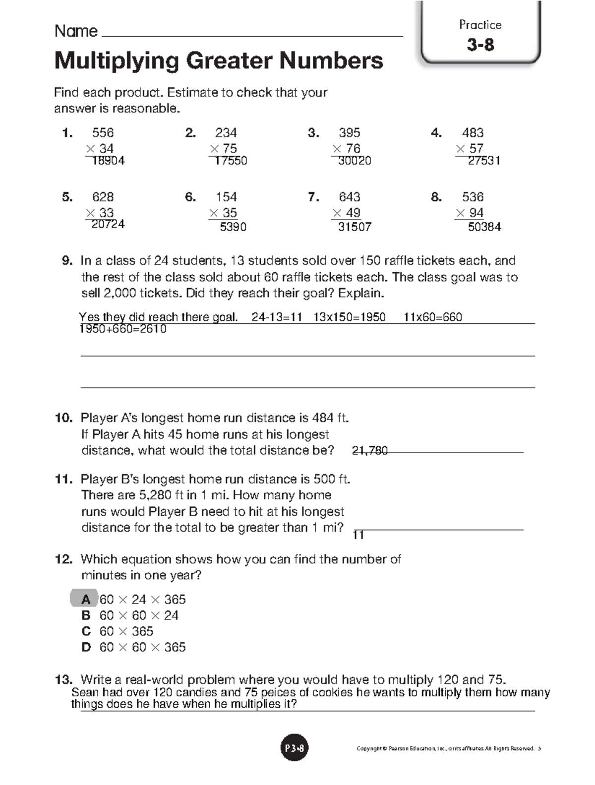 Sean Page - Multiplying 3 Digit Whole Numbers - Name P 3•8 Copyright ...