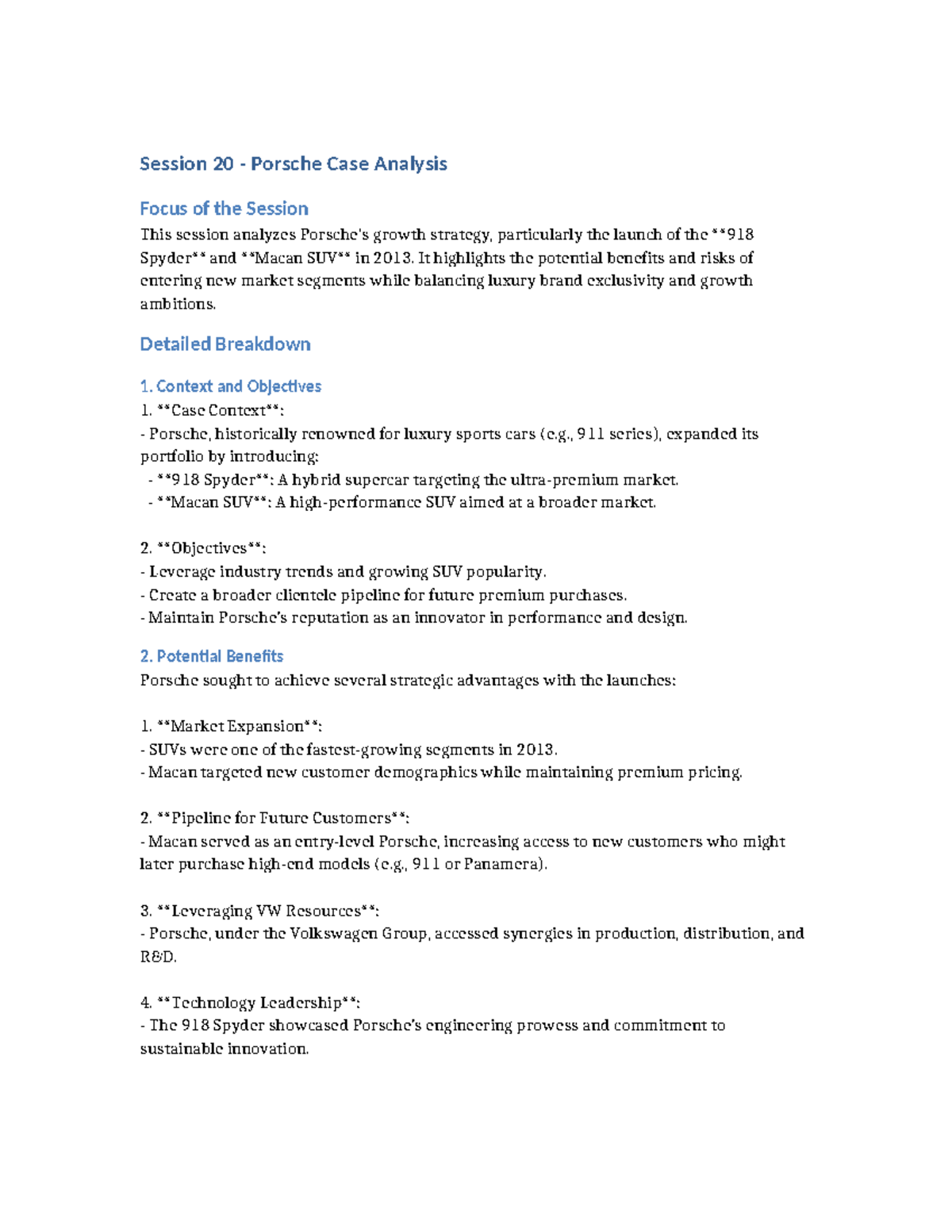 Session 20 Porsche Case Study Guide - Session 20 - Porsche Case ...