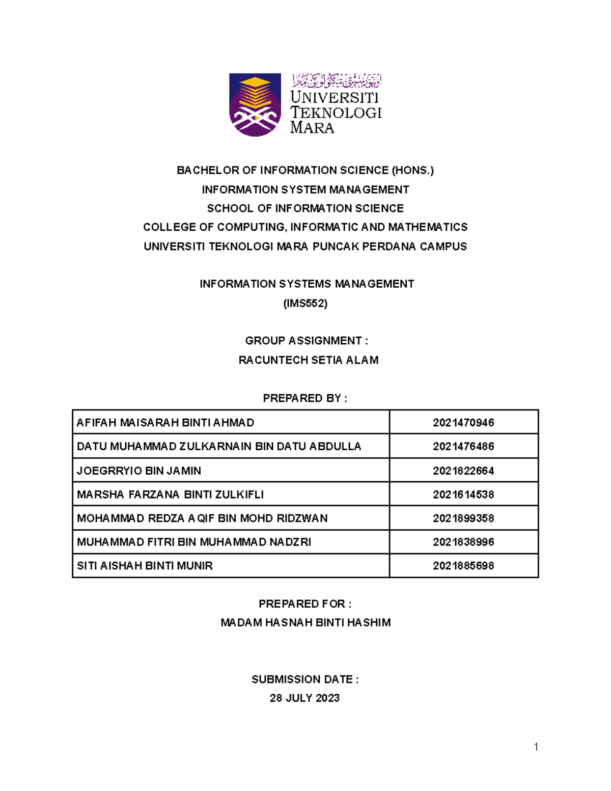 IMS552 Assignment - Business management - BACHELOR OF INFORMATION SCIENCE (HONS.) INFORMATION ...