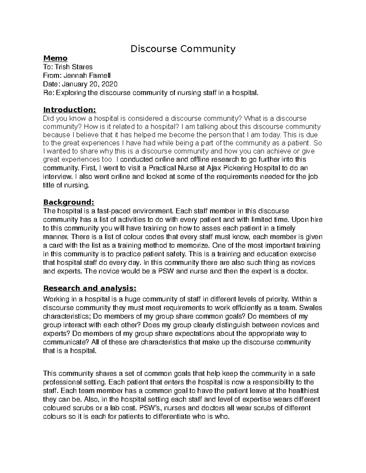 Discourse Community Analysis - Discourse Community Memo To: Trish ...
