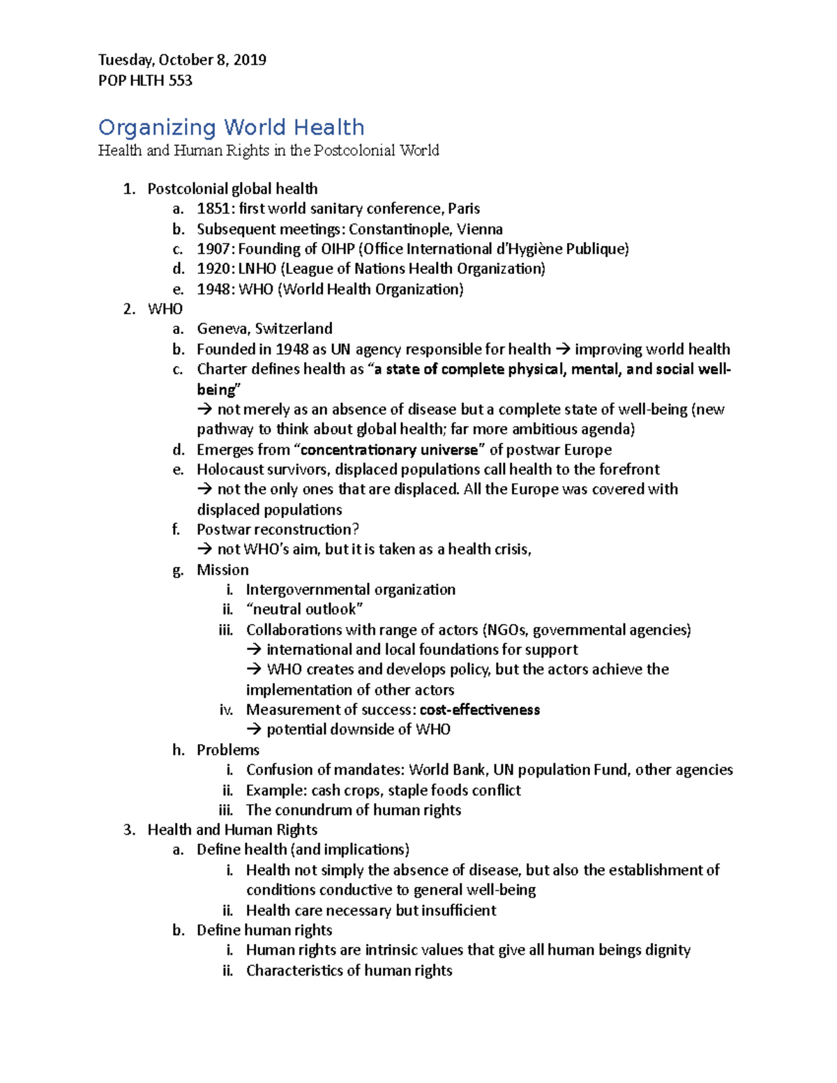 Organizing World Health - Tuesday, October 8, 2019 POP HLTH 553 ...