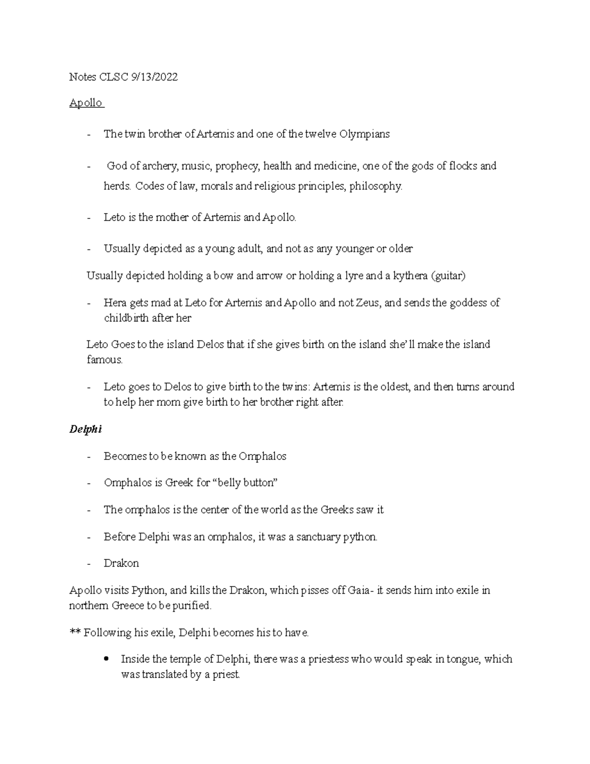 Notes CLSC sept 13 - Notes CLSC 9/13/ Apollo The twin brother of ...