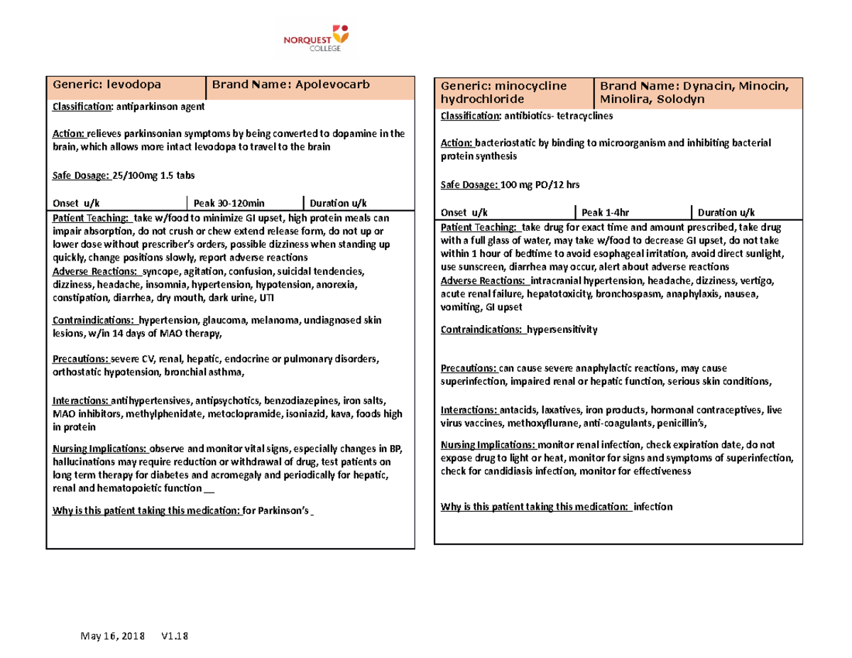 Nursing Medication Cards - May 16, 2018 V1. Generic: levodopa Brand ...