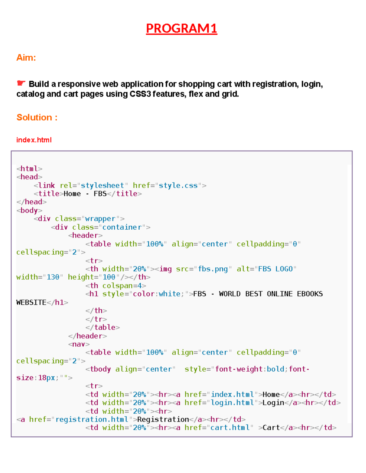 Program - lab - PROGRAM Aim: ☛ Build a responsive web application for shopping cart with - Studocu