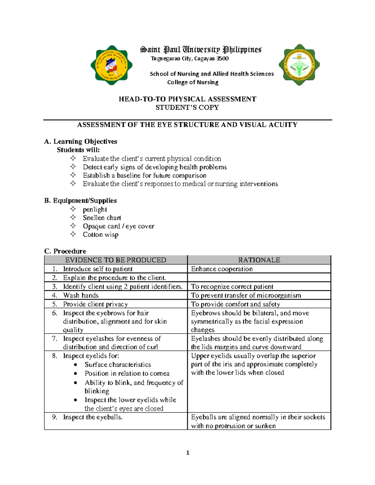 Student Checklist - Assessment OF THE EYE Structure AND Visual Acuity ...