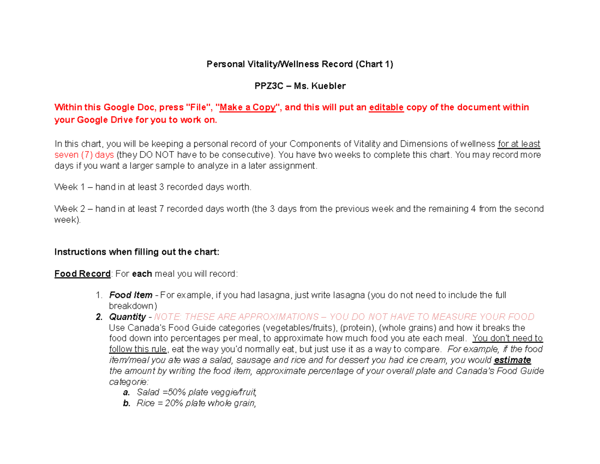Copy of Chart 1 Personal Vitality Wellness Record Blank - Personal ...