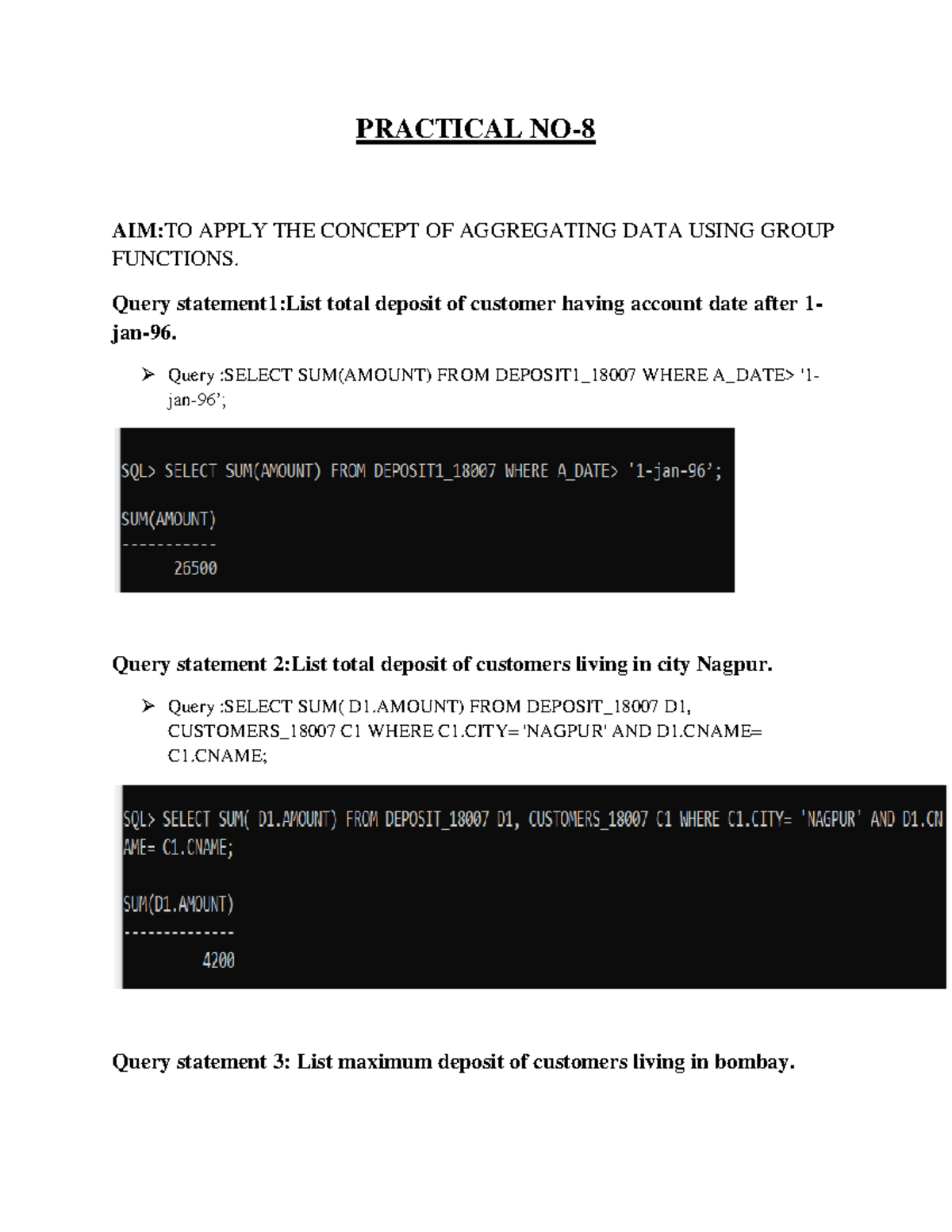 Practical NO -8 - PRACTICAL NO- AIM:TO APPLY THE CONCEPT OF AGGREGATING DATA USING GROUP ...