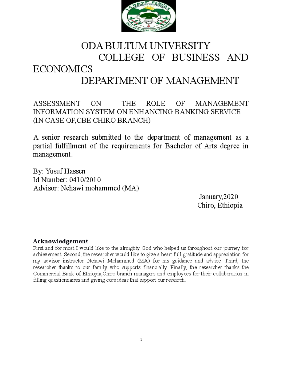 Yusuf proposal - Research paper - ODA BULTUM UNIVERSITY COLLEGE OF BUSINESS AND ECONOMICS ...