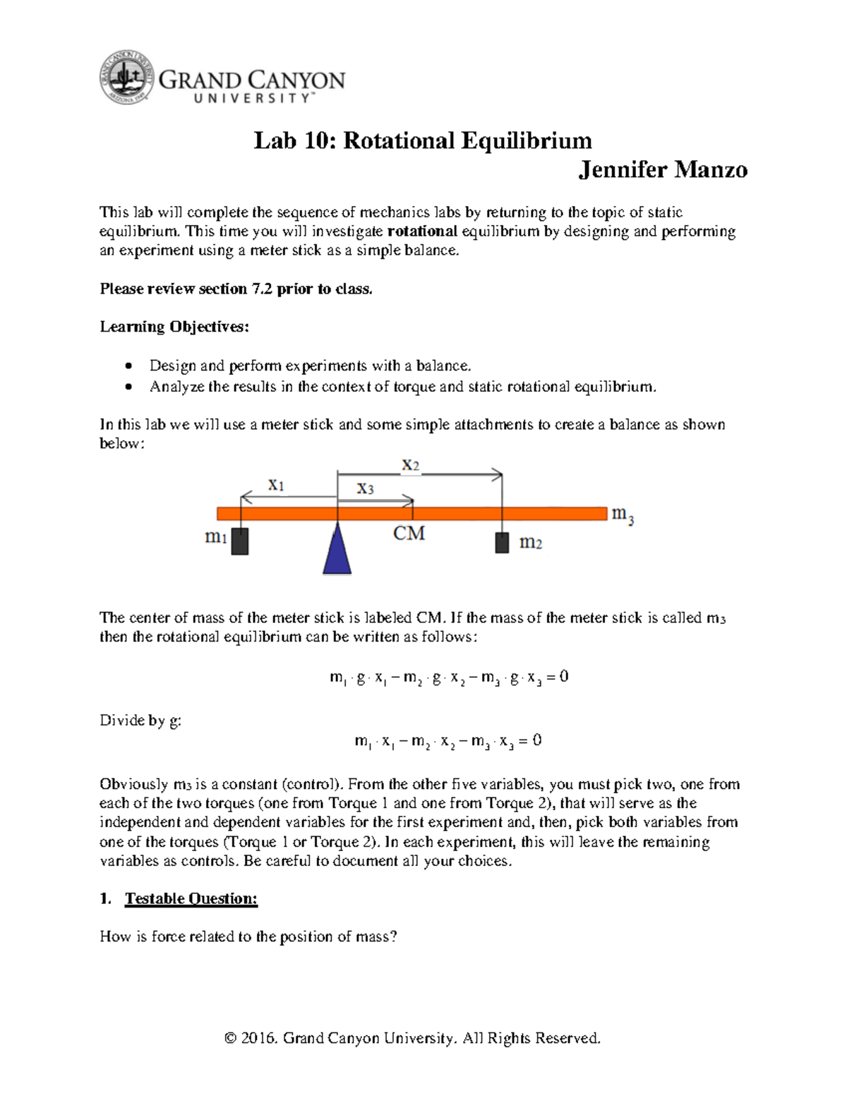 PHY-111L-RS-Lab10 Rotational Equilibrium - Lab 10: Rotational Equilibrium Jennifer Manzo This ...