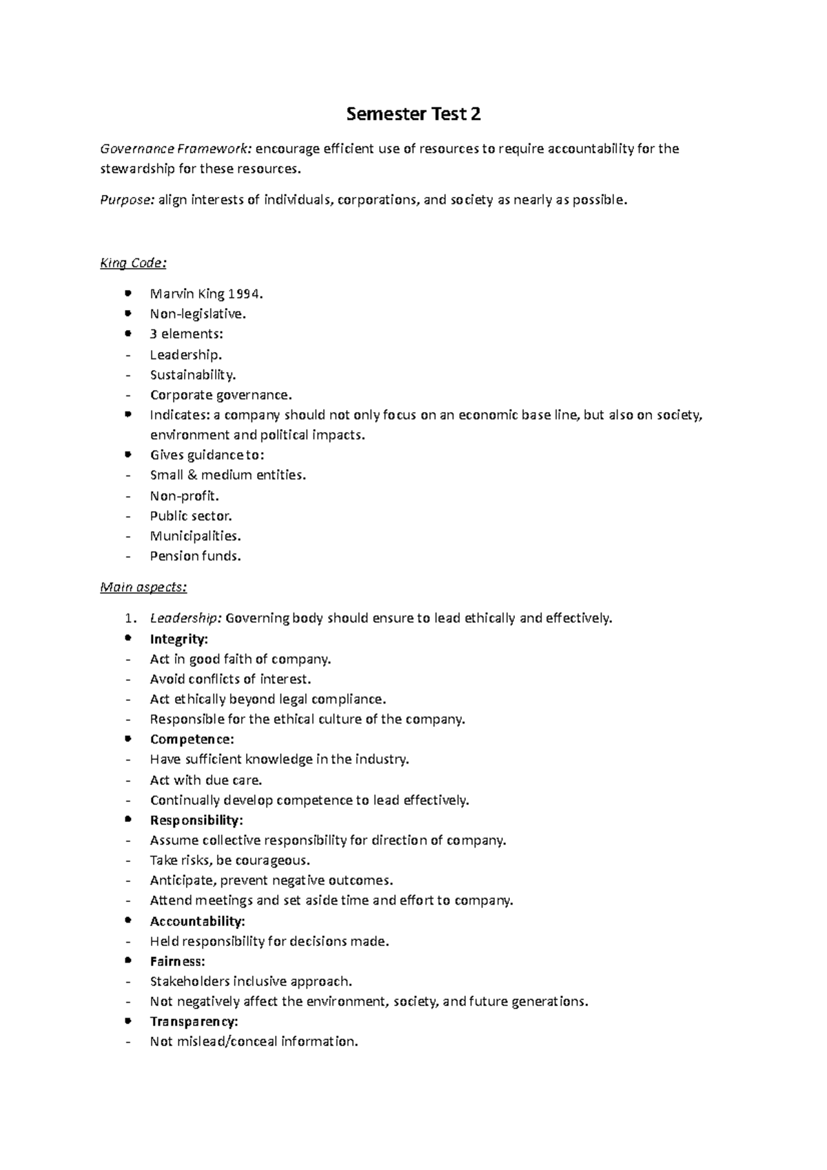 Semester Test Summary - Semester Test 2 Governance Framework: encourage ...