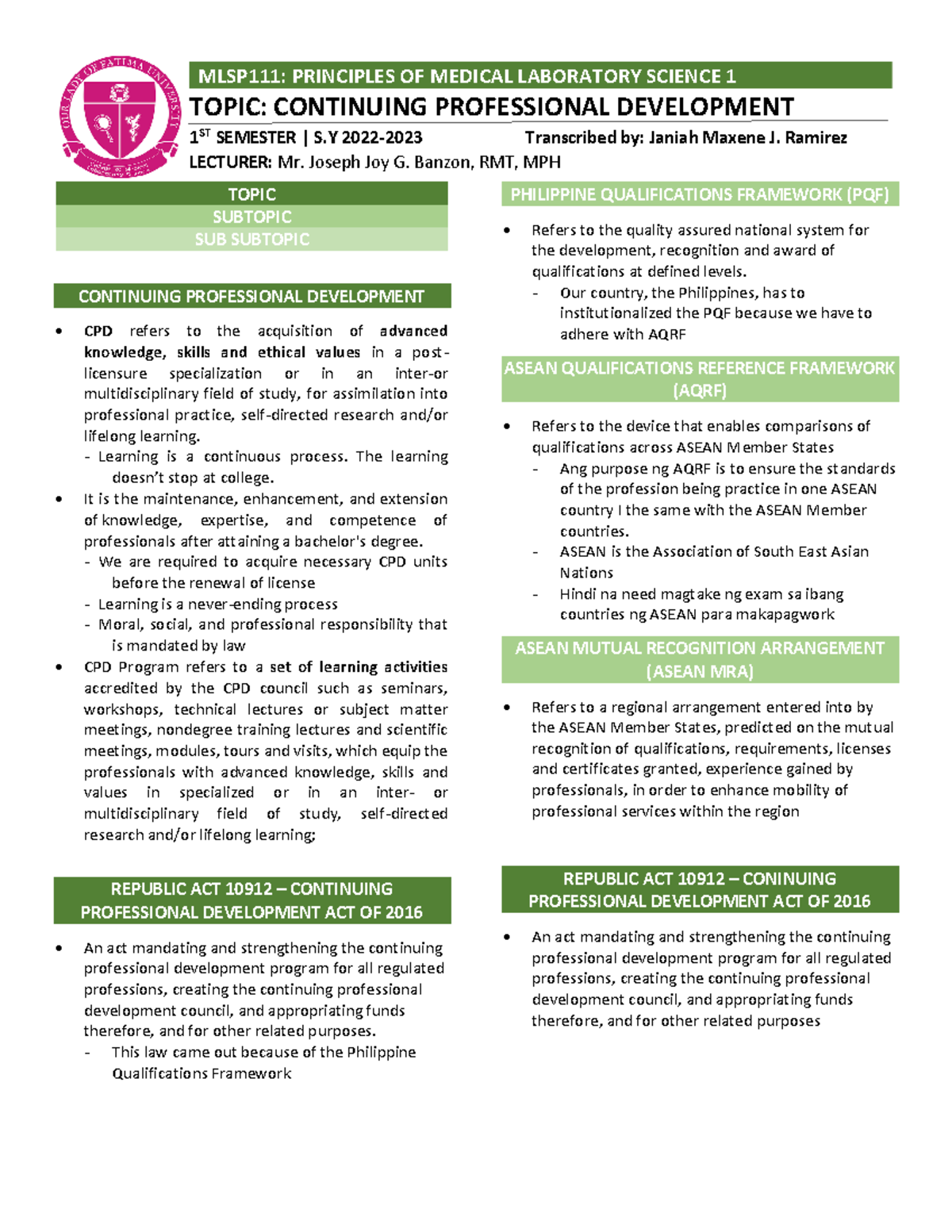 Lesson 4 Continuing Professional Development - TOPIC SUBTOPIC SUB ...