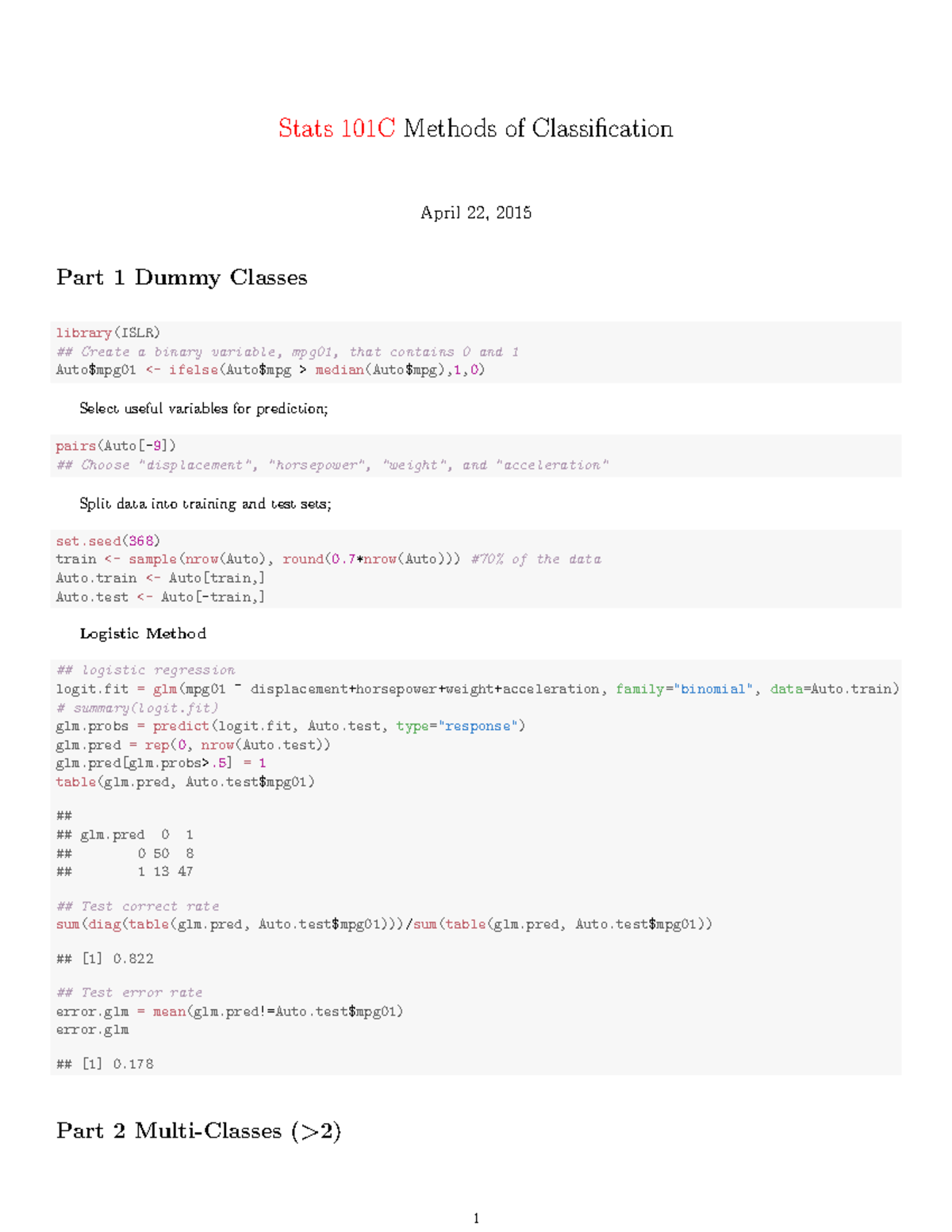 Midterm Cheat Sheet - Stats 101C Methods of Classification April 22 ...
