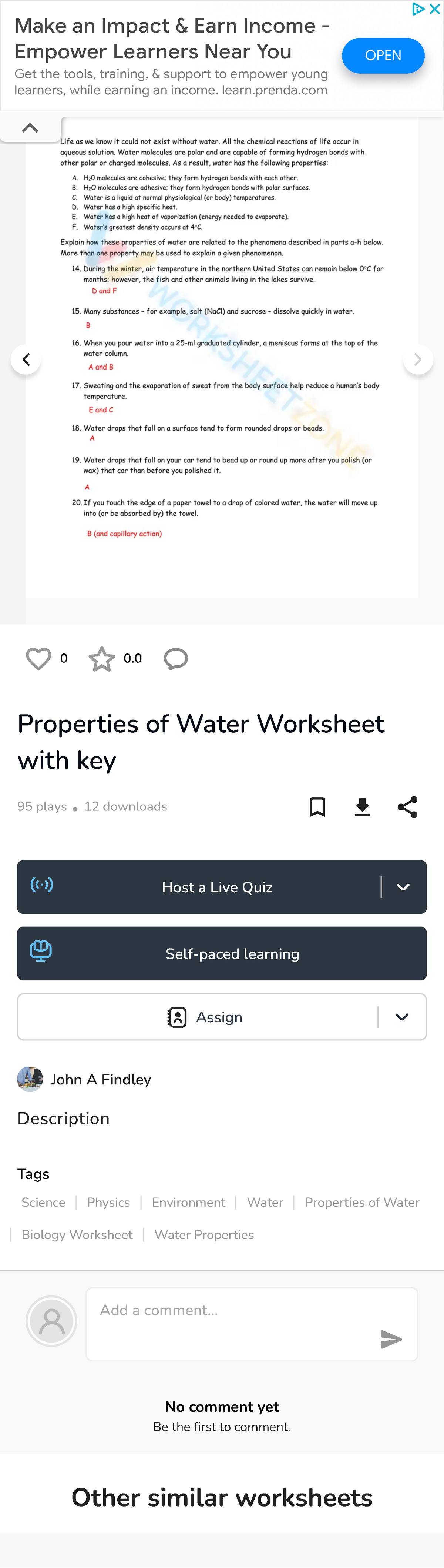Properties Of Water Worksheet With Key Worksheet - 0 0. Properties of ...