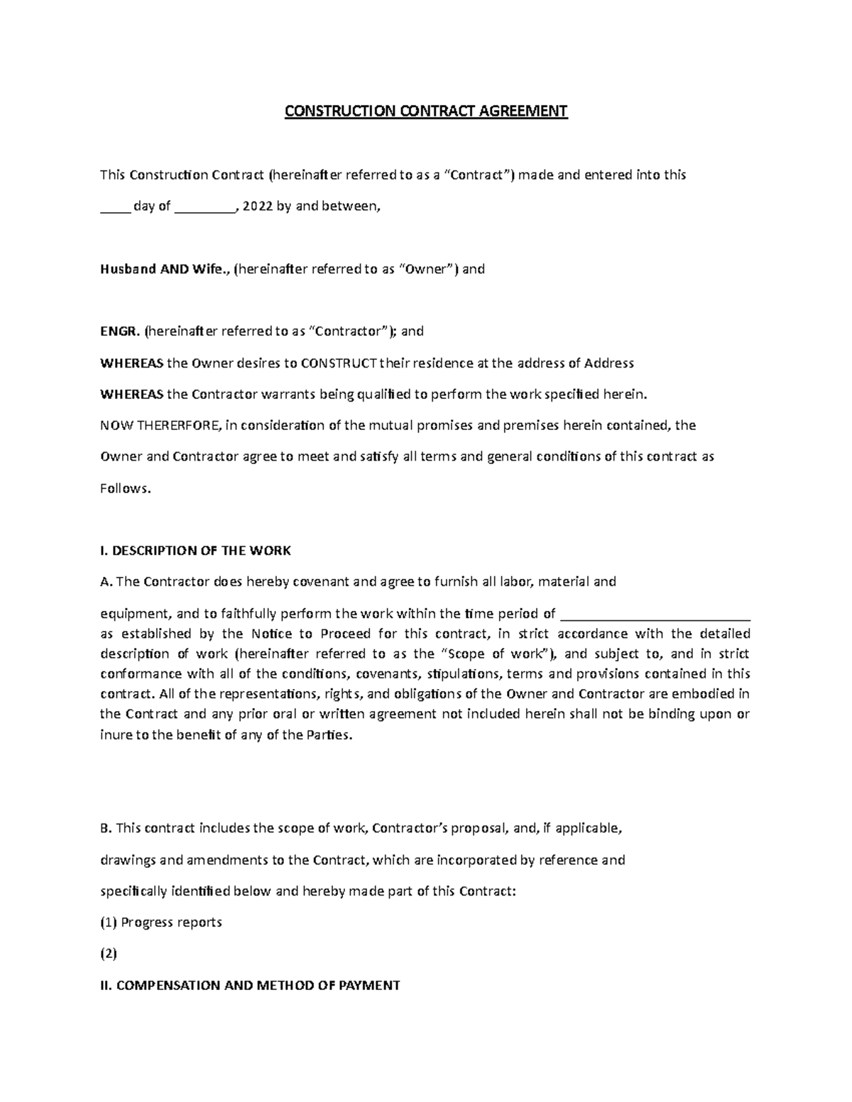 Construction Agreement - CONSTRUCTION CONTRACT AGREEMENT This ...