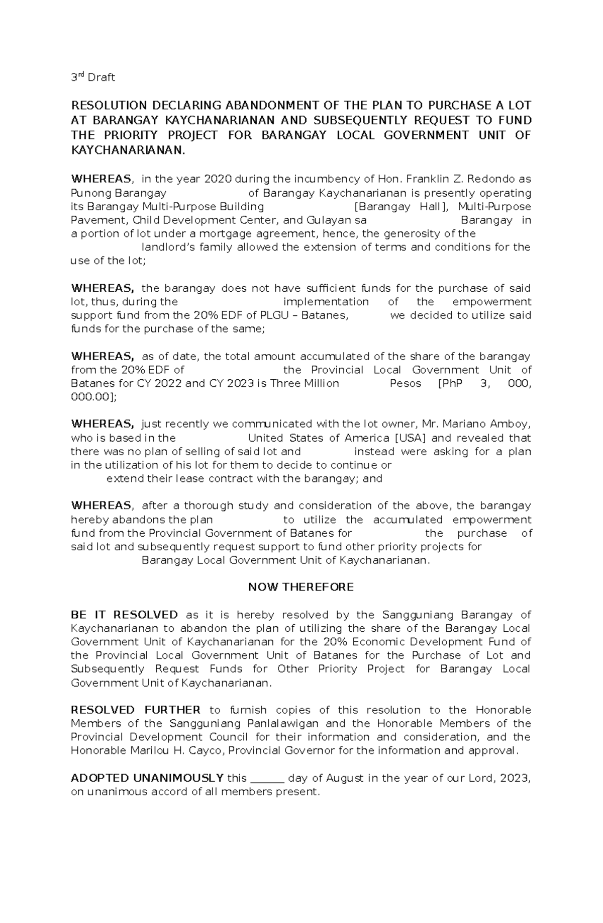 3rd Draft Land 1 - Bring Home - 3 rd Draft RESOLUTION DECLARING ...