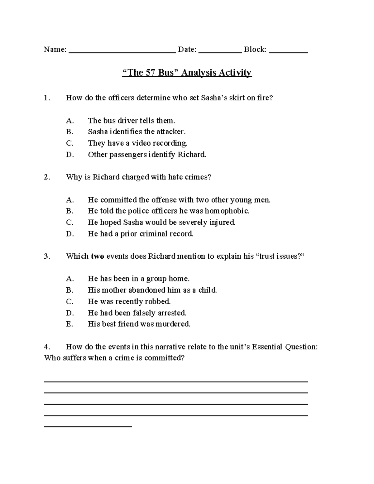 The 57 Bus Analysis Activity - Name: Date: Block: “The 57 Bus” Analysis ...