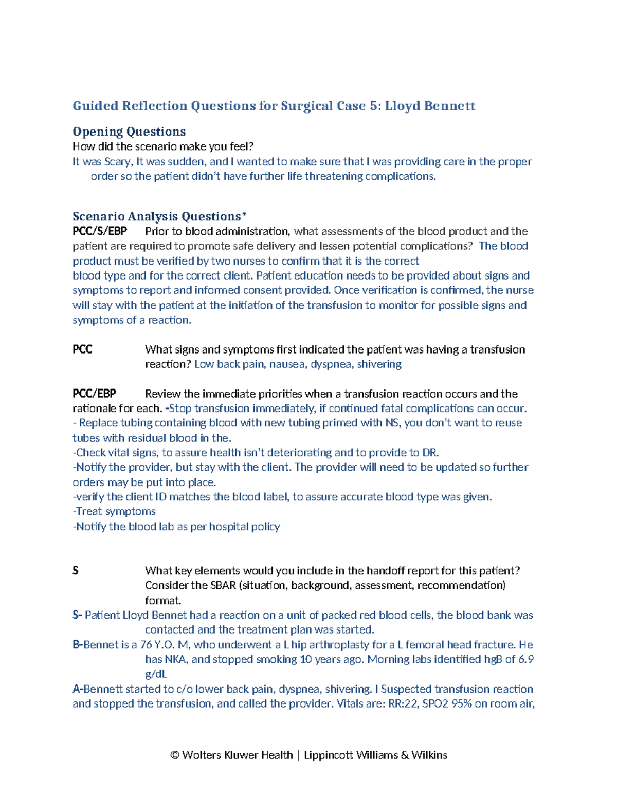 V-Sim Blood transfusion - Guided Reflection Questions for Surgical Case ...