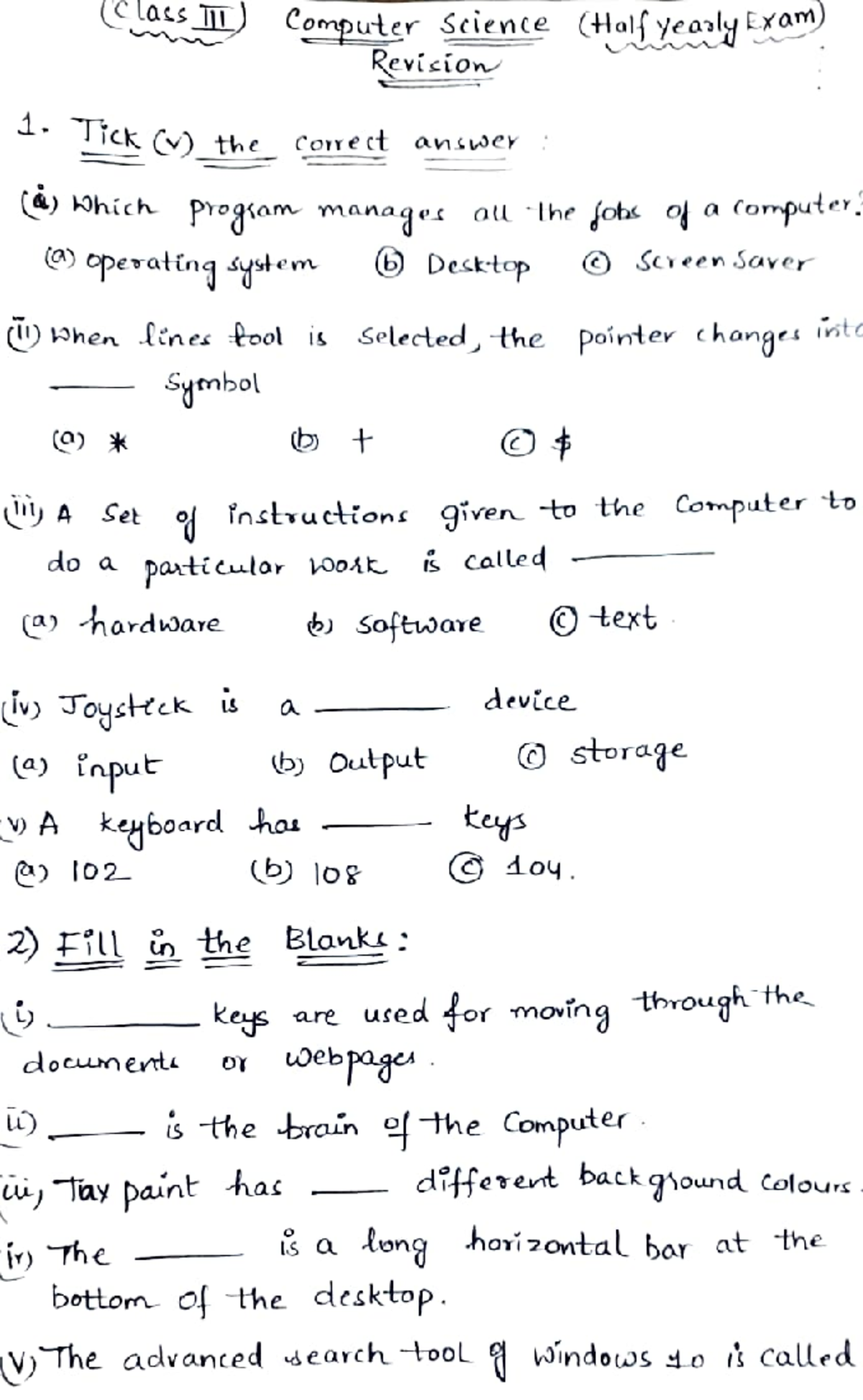 Computer - Revision - 1- Tick () the Corect anseY (&) Khích Class TL ...