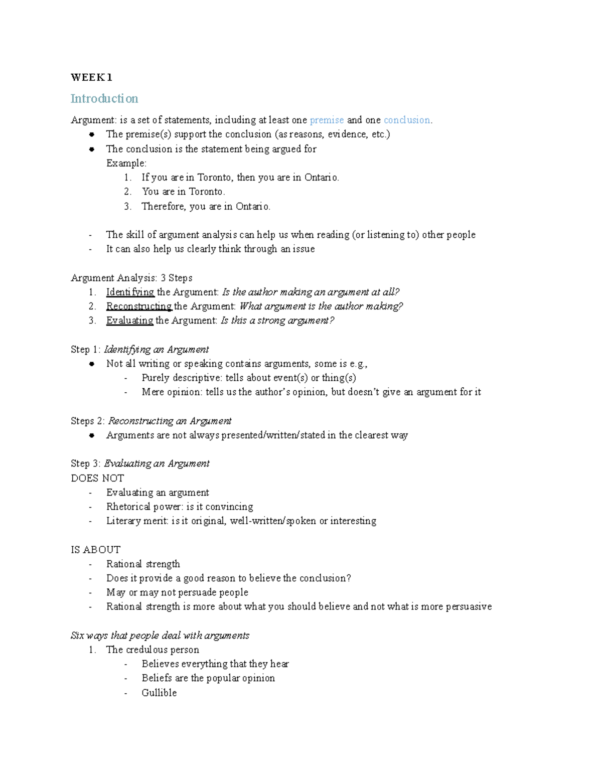 SSH105 Notes - WEEK 1 Introduction Argument: is a set of statements ...
