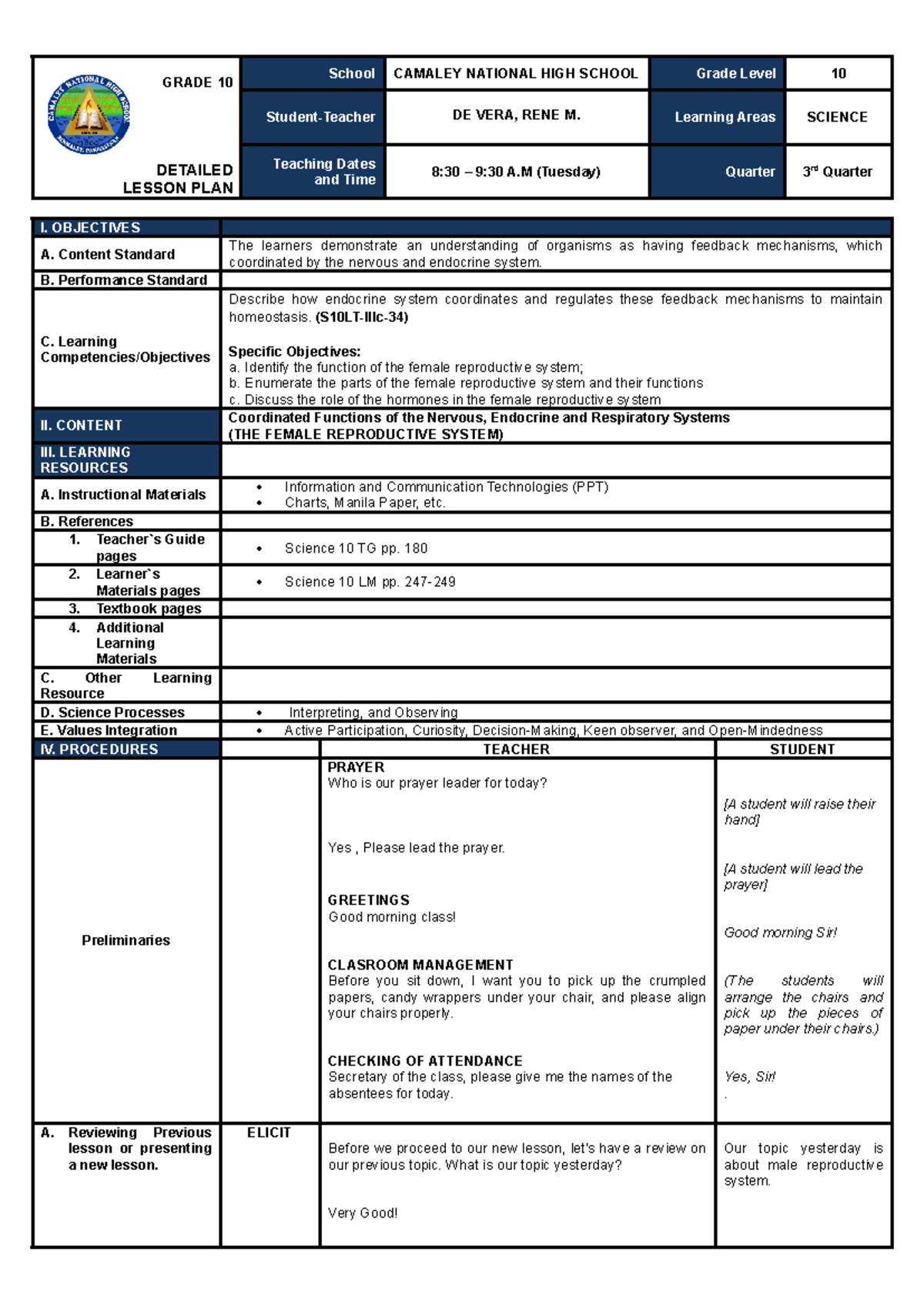 DLP Female- Reproductive System - GRADE 10 DETAILED LESSON PLAN School ...