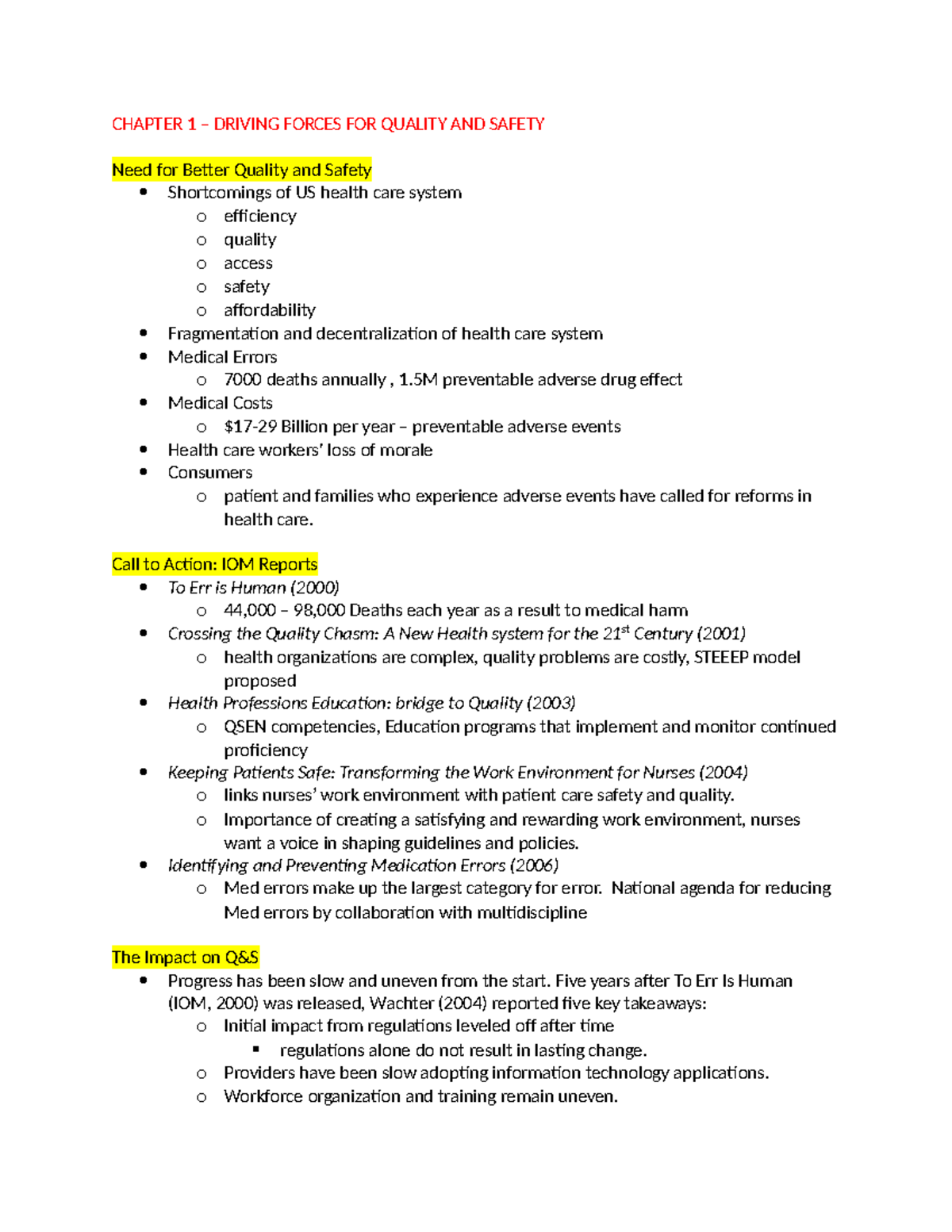 Exam 1 Notes - CHAPTER 1 – DRIVING FORCES FOR QUALITY AND SAFETY Need ...
