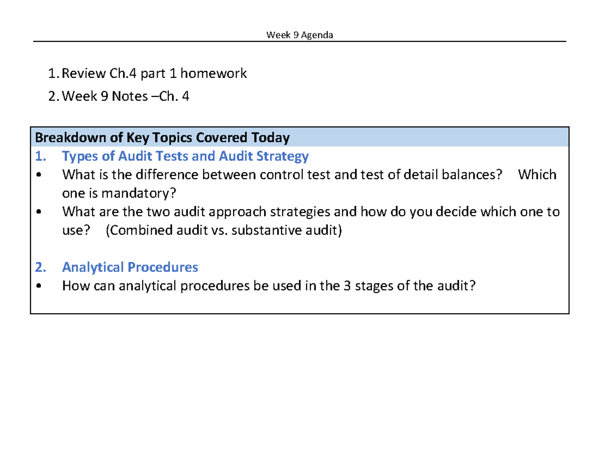 FMGT 3310 (Audit 1)- Week 9 Notes - Week 9 Agenda Review Ch part 1 ...