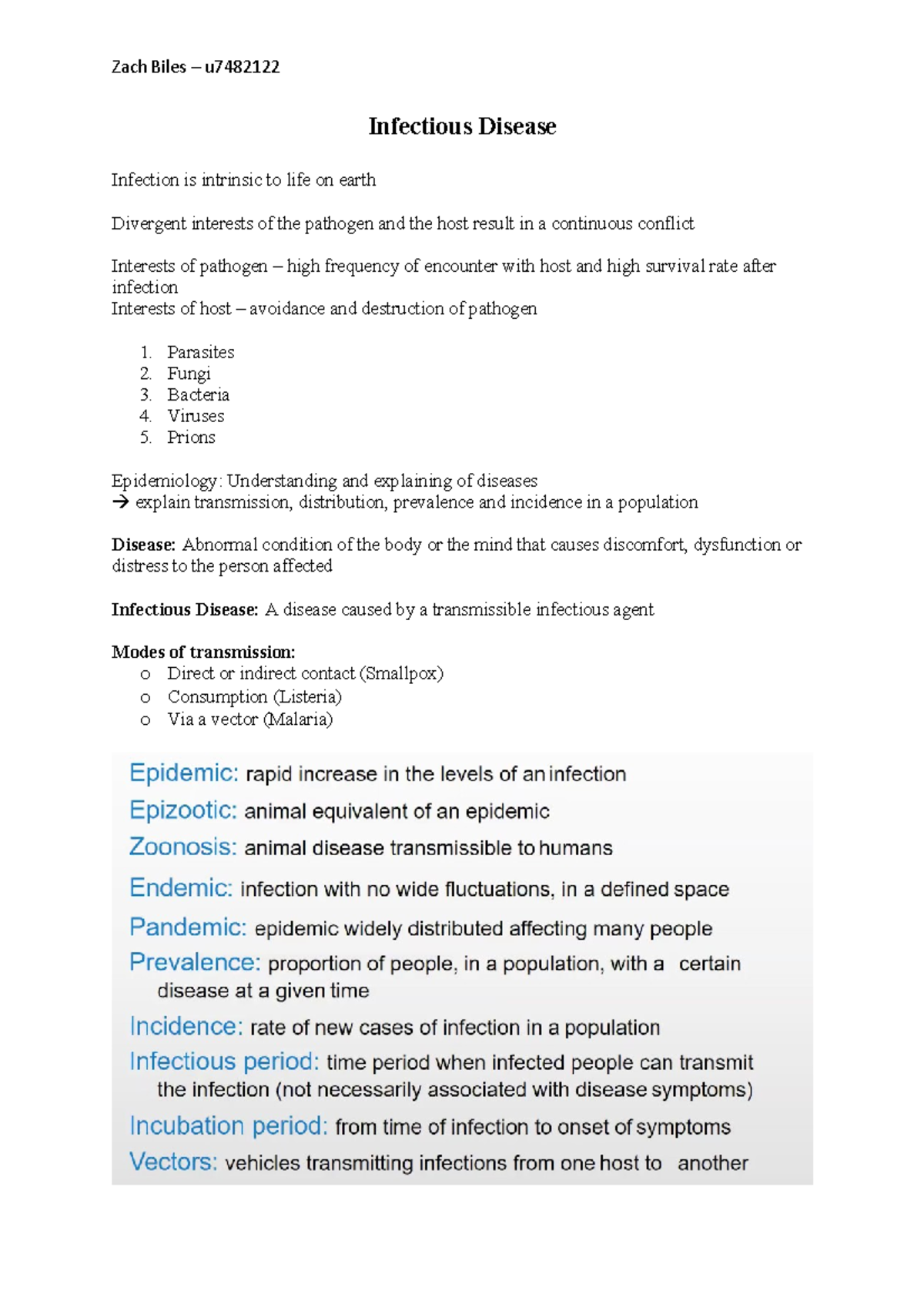 Lecture Notes: Infectious Disease - Zach Biles u7482122 Infectious ...