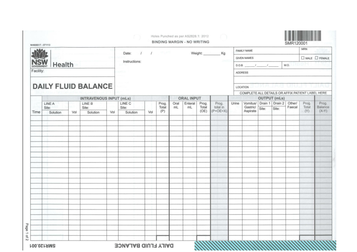 Fluid balance chart-1 - summary - Holes Punched as per AS2828: 2012 ...