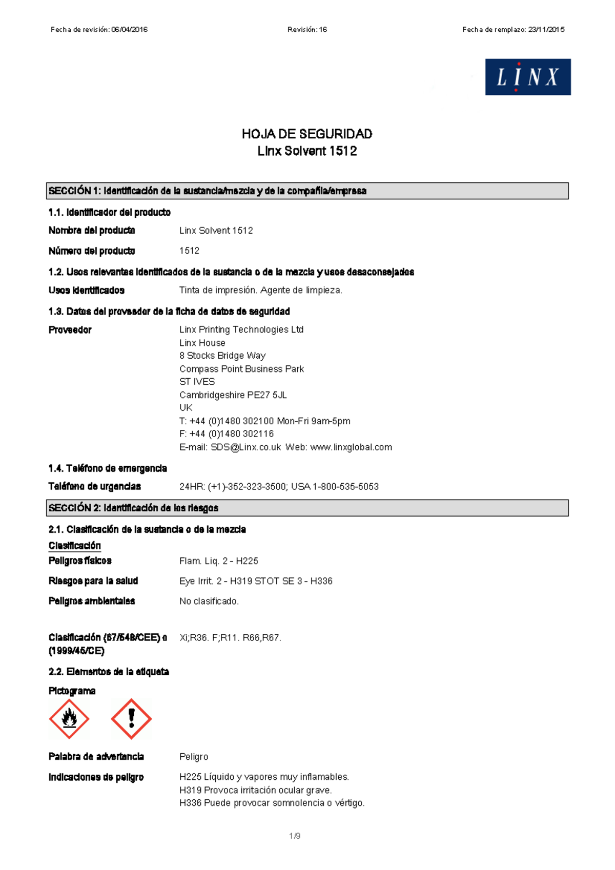 Linx Solvent 1512 - HDS de Linx Sovent 1512 - HOJA DE SEGURIDAD Linx ...