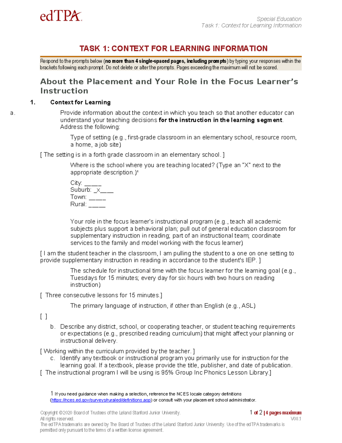 Part A Context For Learning Information - Special Education Task 1 ...