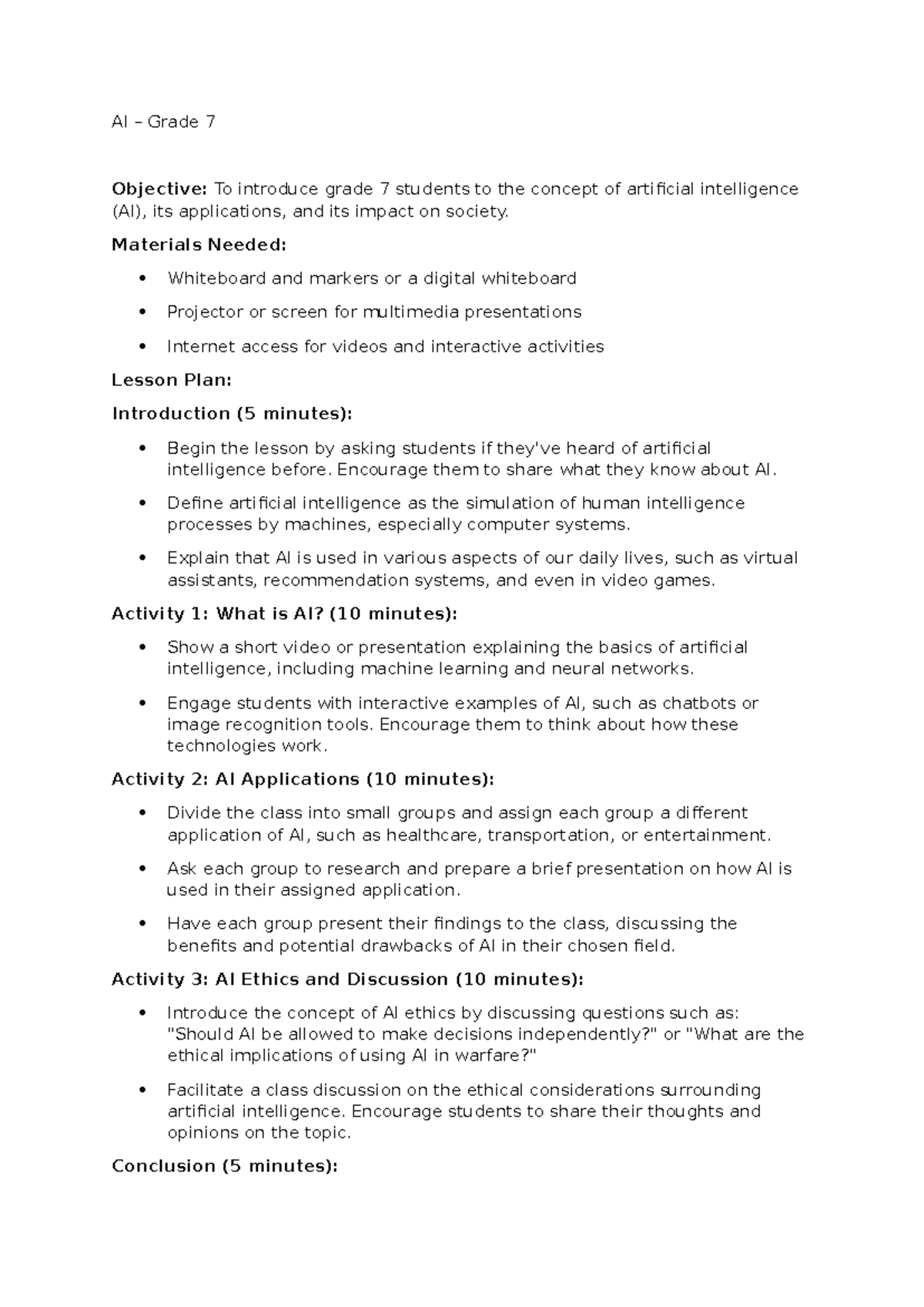 AI - grade 7 lesson plan - practice - AI – Grade 7 Objective: To ...
