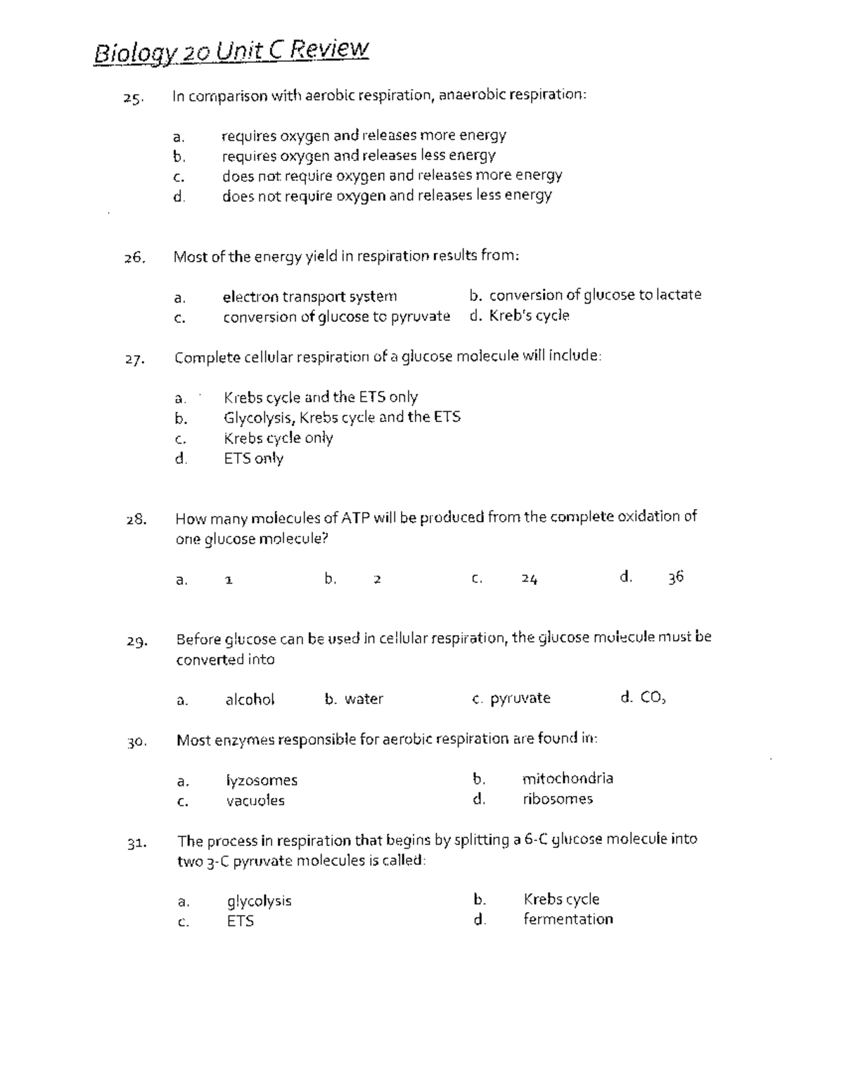 Cellular Respiration Unit Review and Answer Key - BIOL 1020 - Studocu