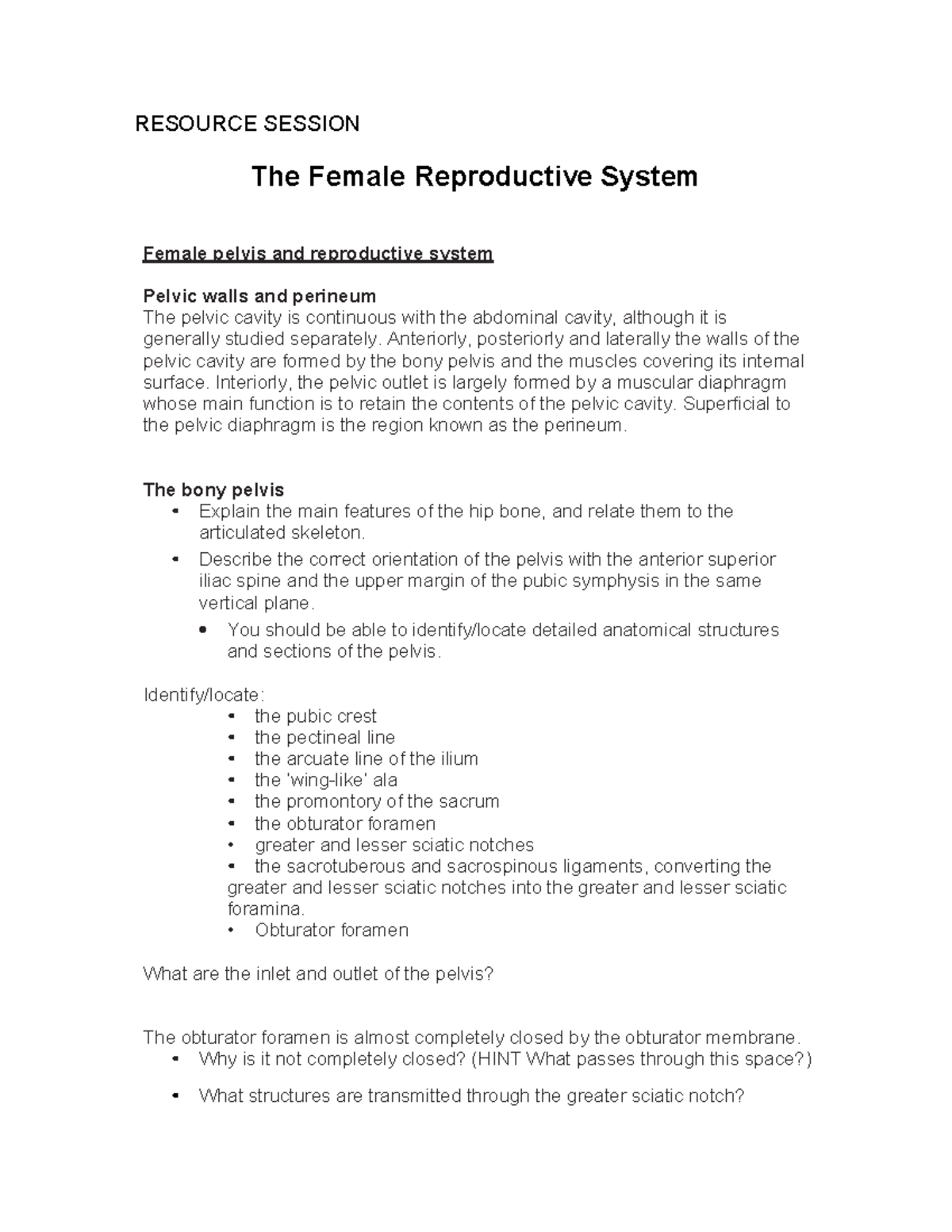 Female Reproduction questions - RESOURCE SESSION The Female ...