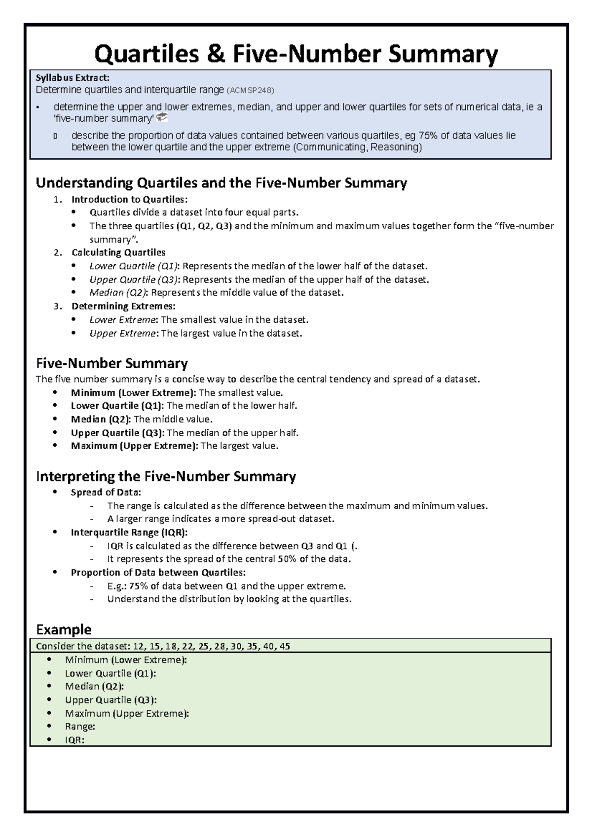 Quartiles And Five Number Summary Quartiles And Five Number Summary Syllabus Extract Determine