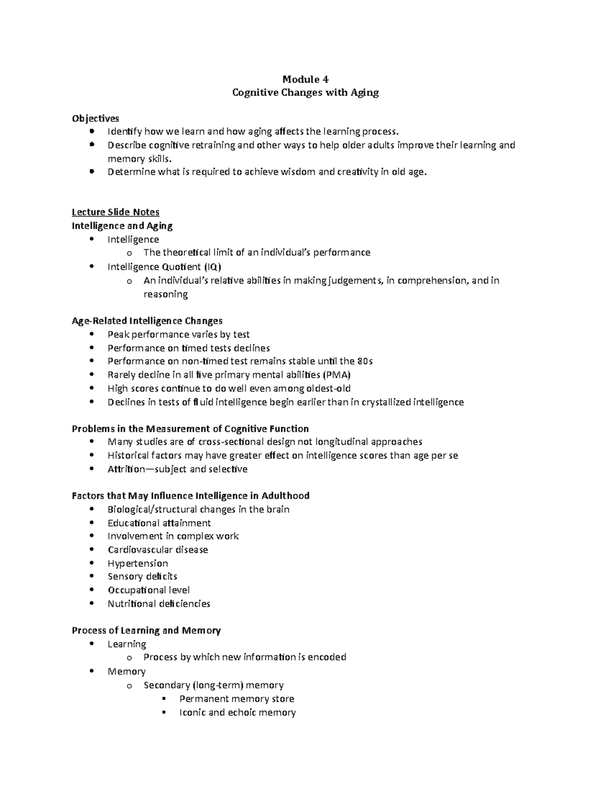 Module 4 Notes- Online Section - Module 4 Cognitive Changes with Aging ...