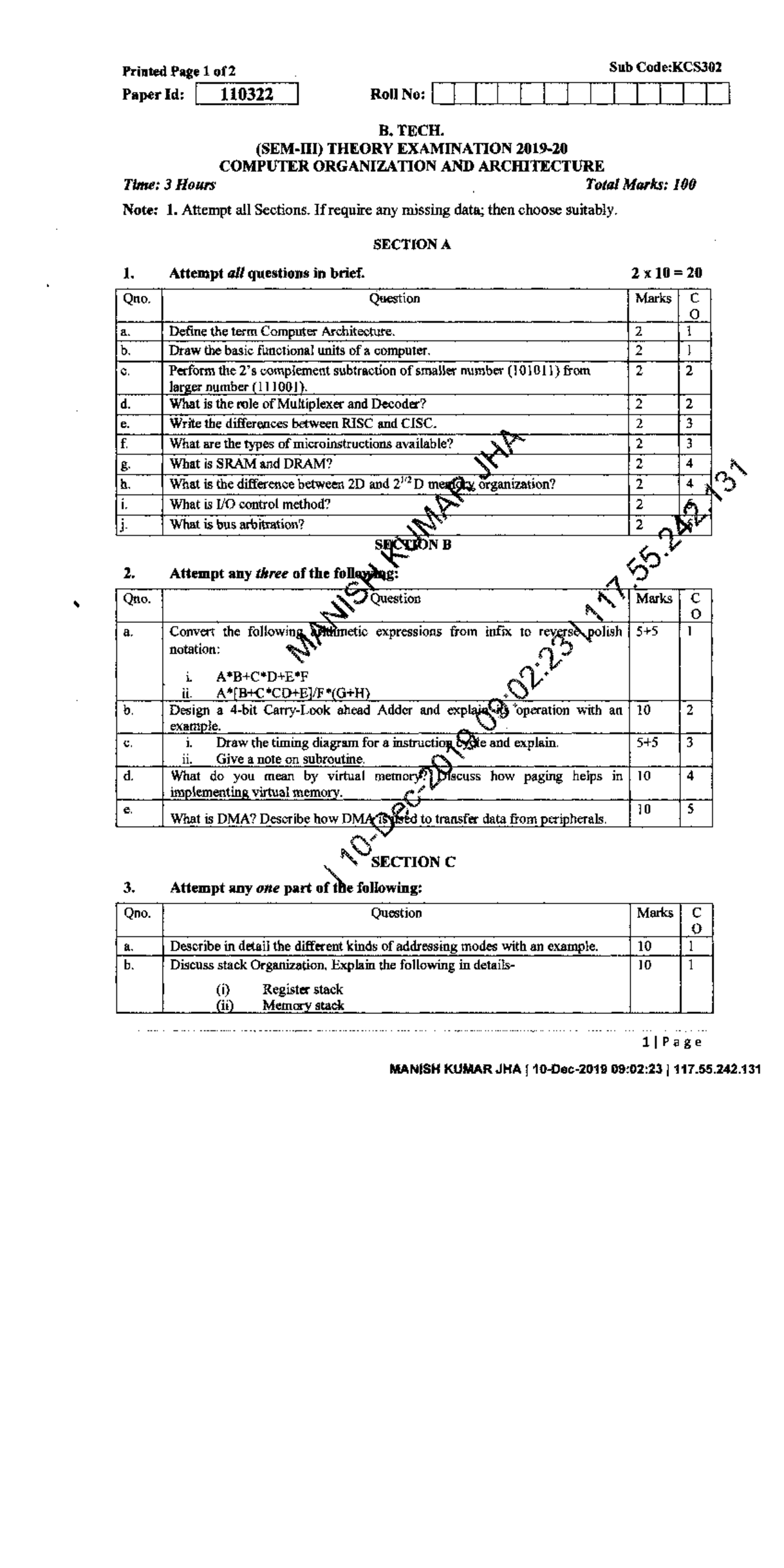 Computer Organization And Architecture Kcs 302 19 20 Computer Organization And Architecture