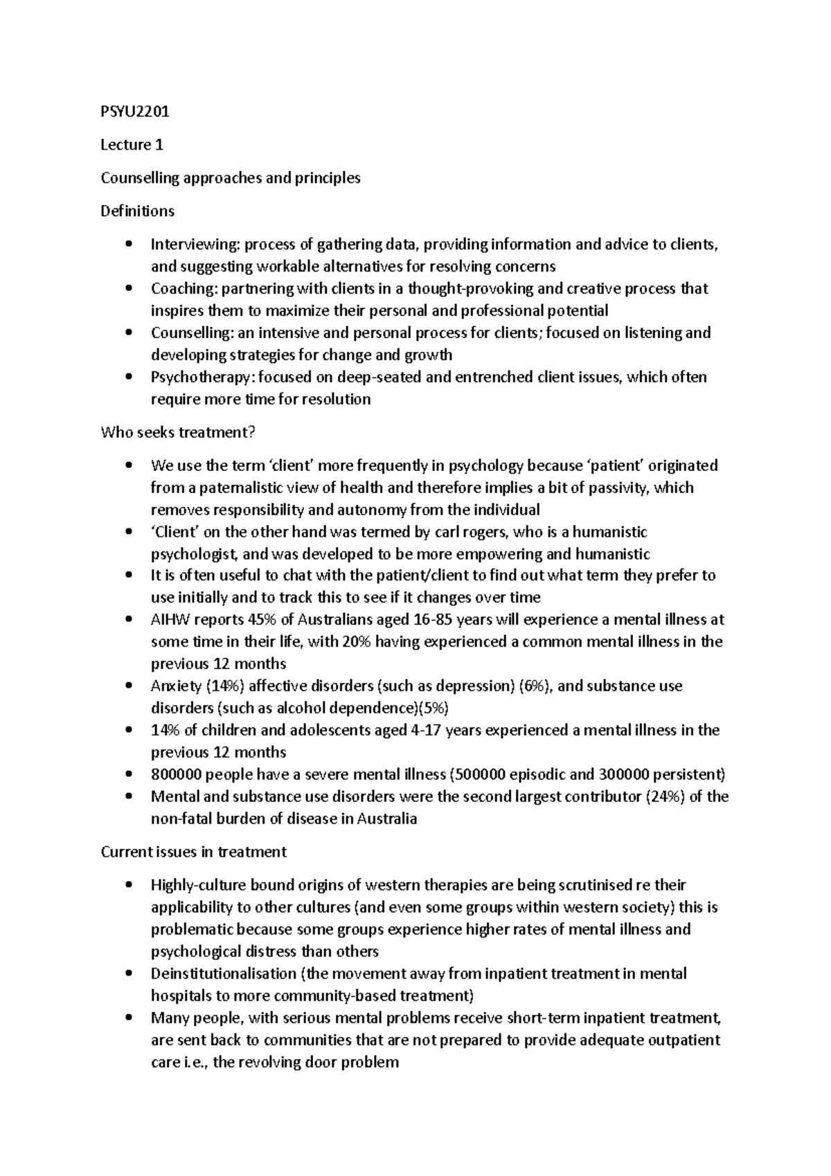 PSYU2201 lectures - wghp4w - PSYU Lecture 1 Counselling approaches and ...