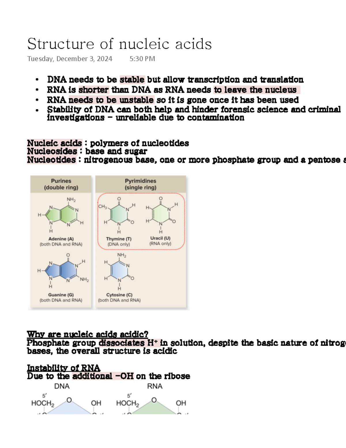 Lecture 1 - Structure of nucleic acids - DNA needs to be stable but allow transcription and ...