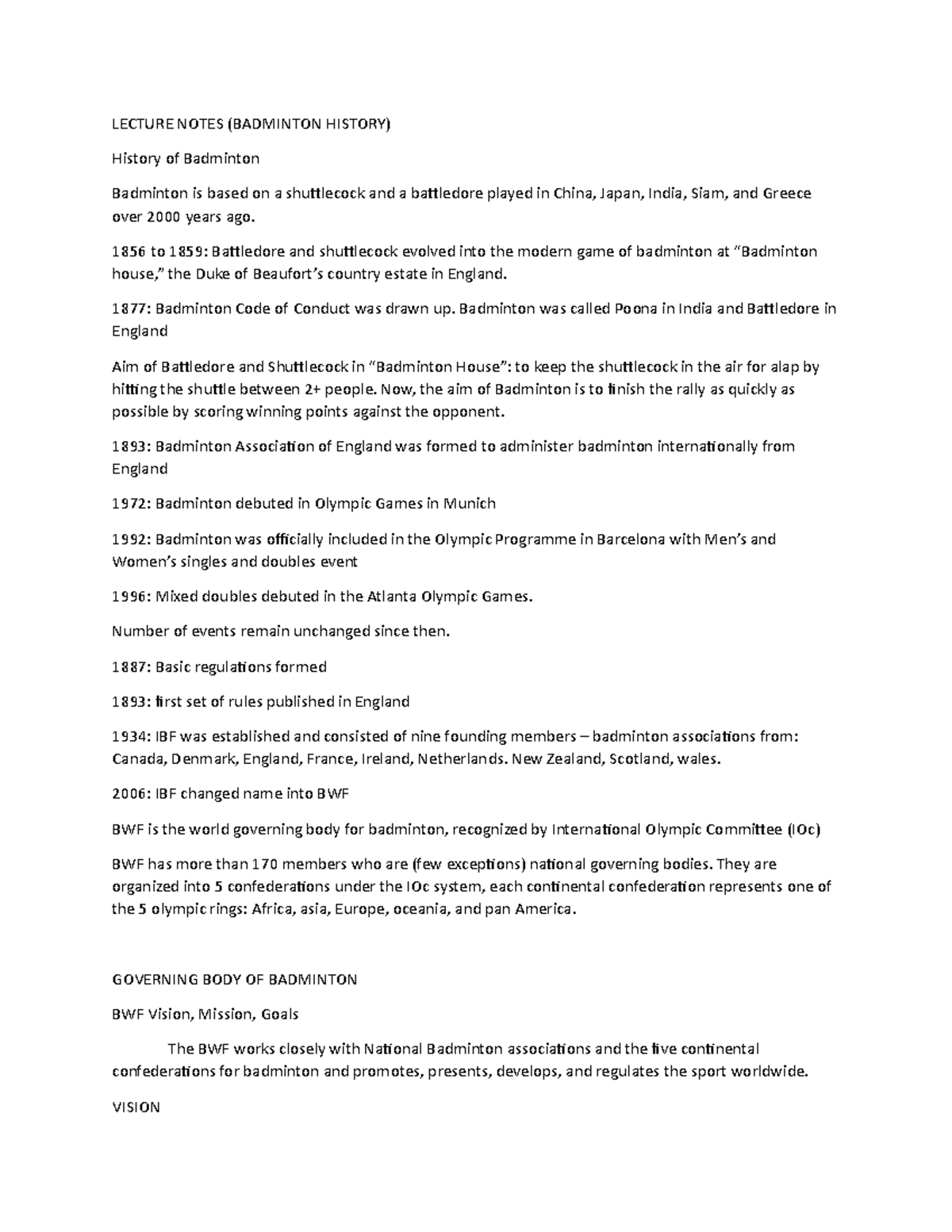 History of Badminton Lecture Notes - Bachelor of Secondary Education ...