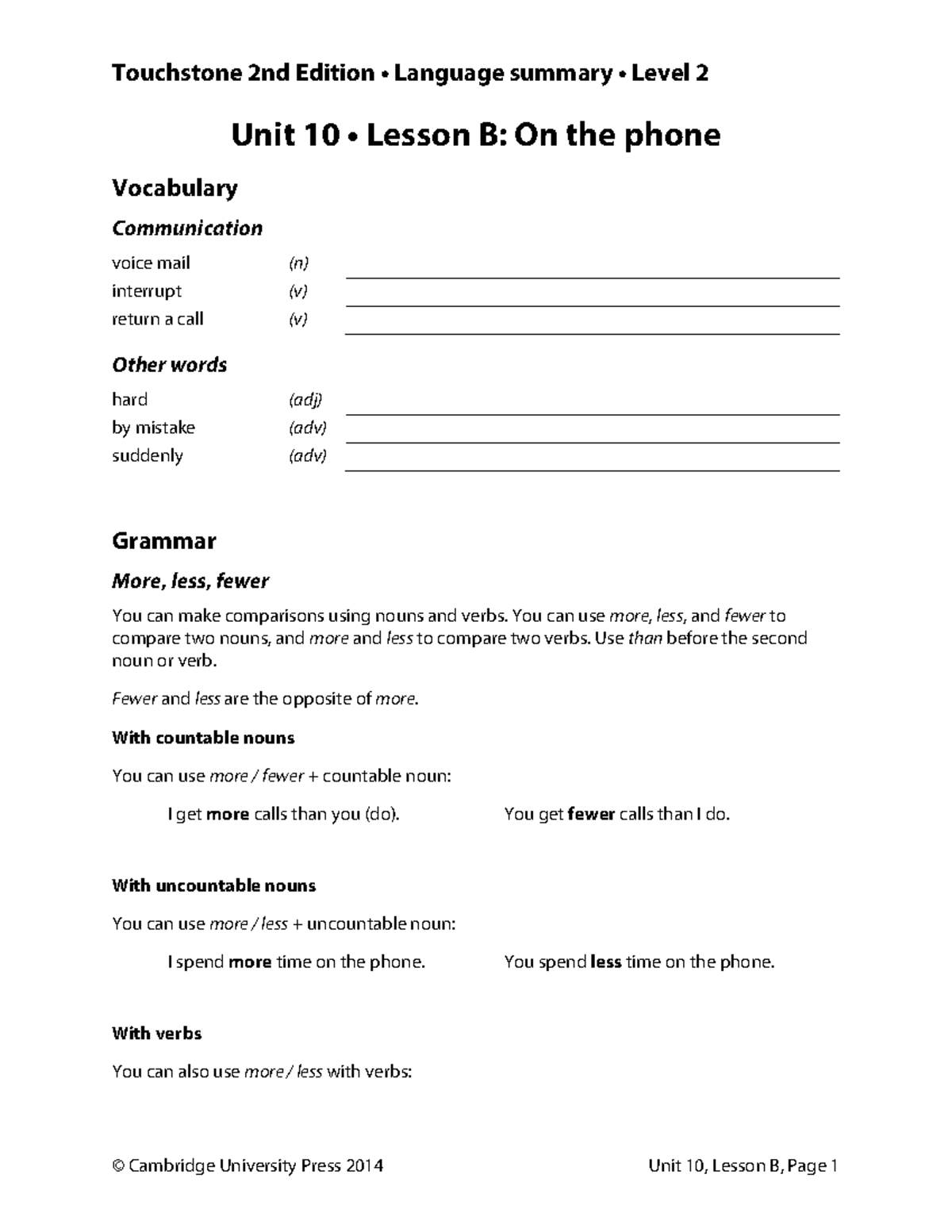 TS2e L2 U10 LB Langsum - Imprimir - Touchstone 2nd Edition • Language summary • Level 2 Unit 10 ...