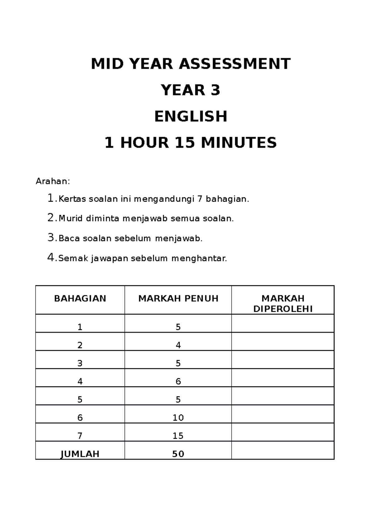 MID YEAR Assessment Year 3 - MID YEAR ASSESSMENT YEAR 3 ENGLISH 1 HOUR ...