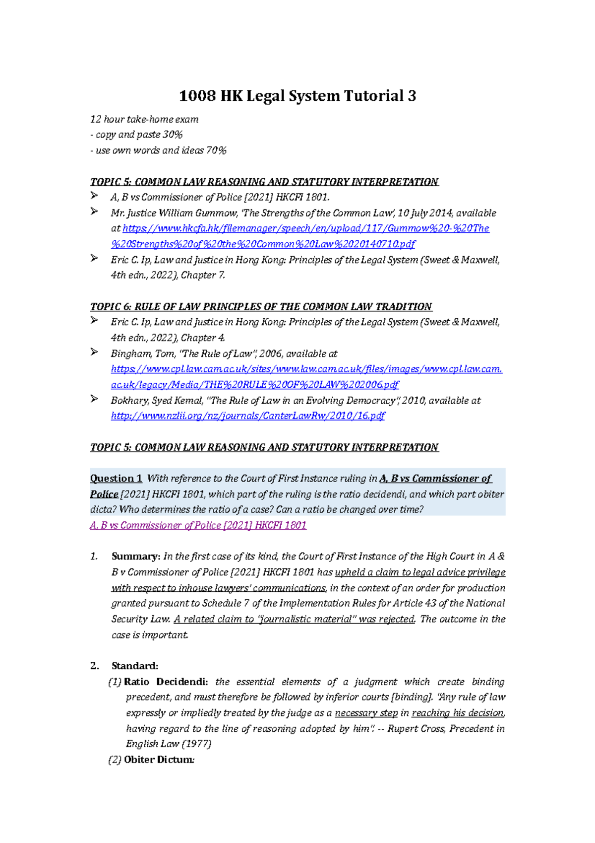 1008 - Tutorial - 3 Preparation - 1008 HK Legal System Tutorial 3 12 hour take-home exam copy ...