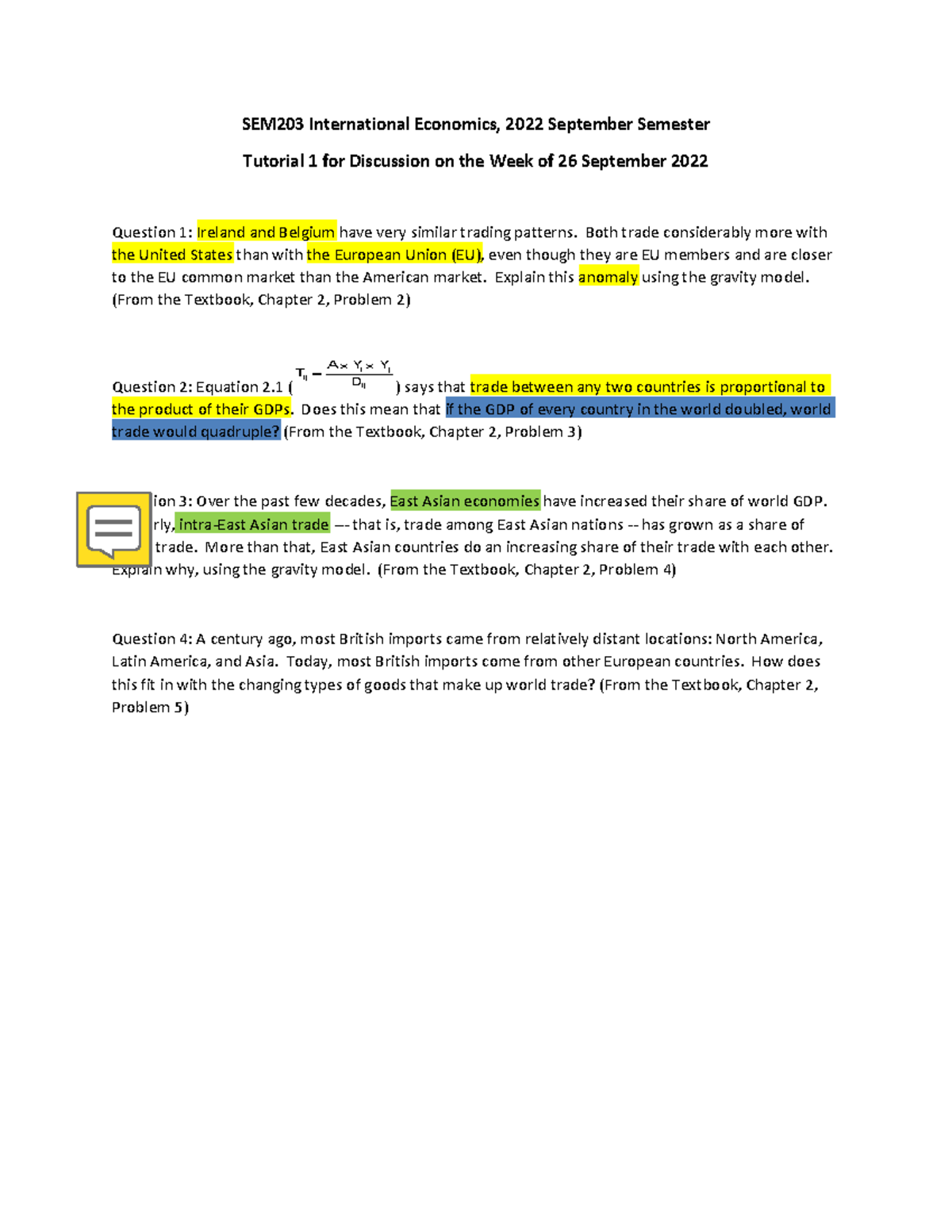 SEM203 Tutorial 1-26 October 2022 - SEM203 International Economics, 2022 September Semester ...