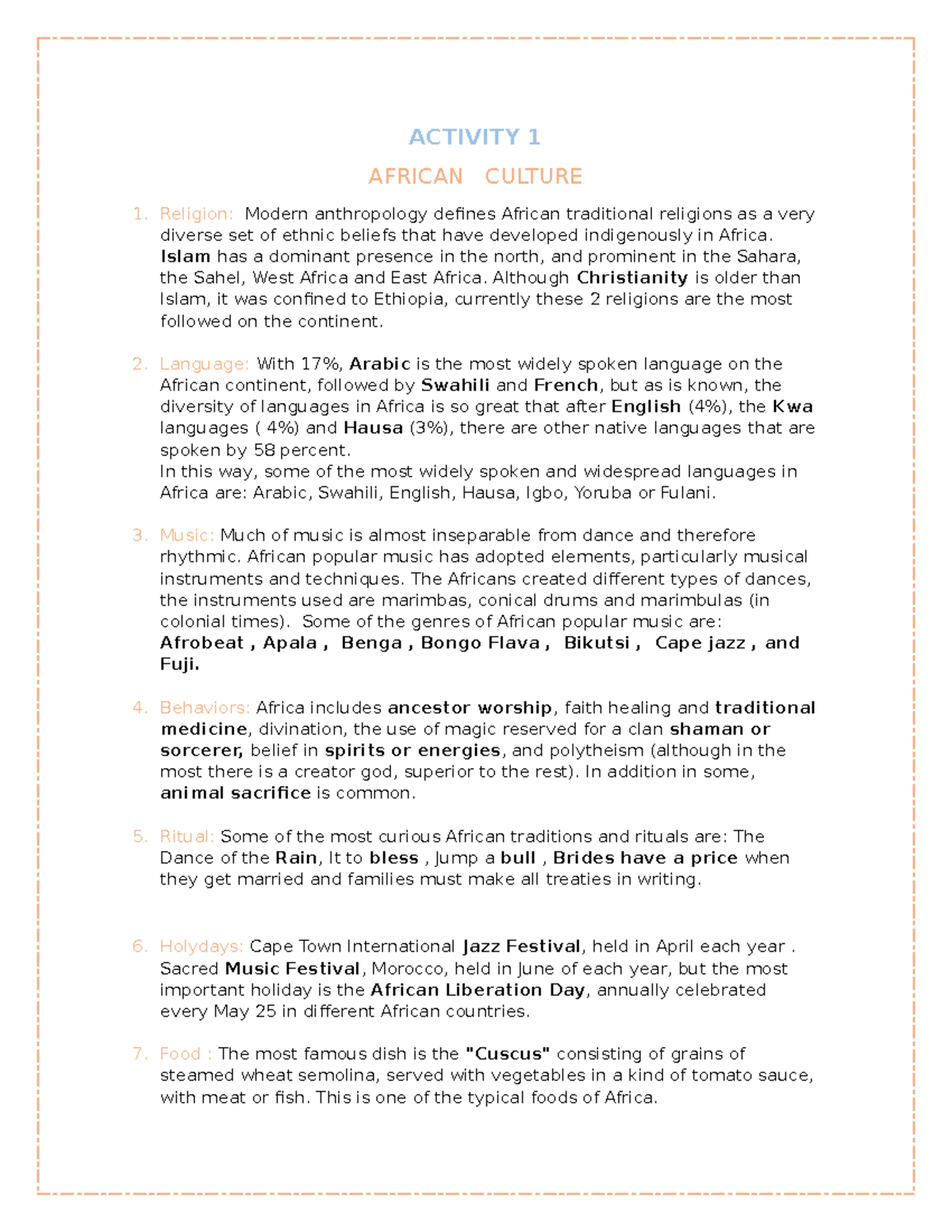 Activity 1 - Apuntes 1-2 - ACTIVITY 1 AFRICAN CULTURE Religion: Modern ...