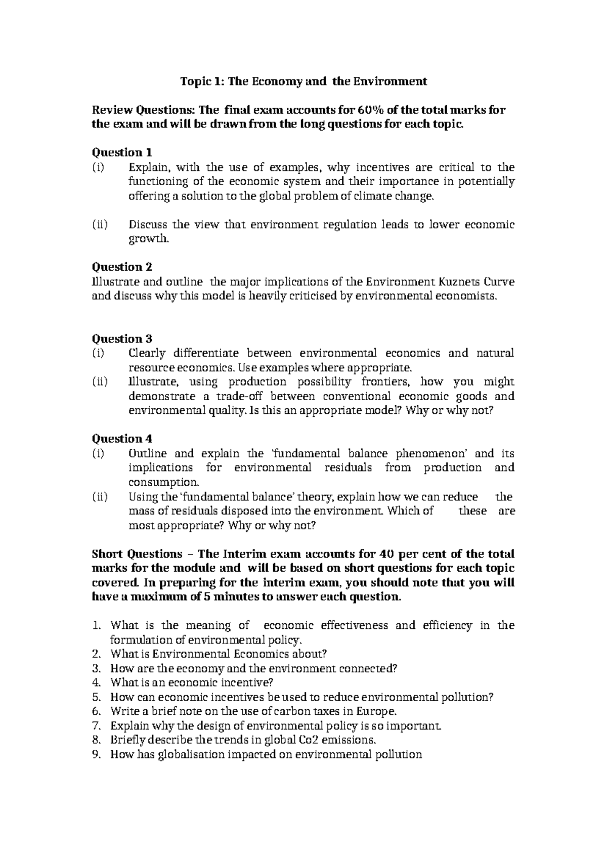 Topic 1 Review Questions - Topic 1: The Economy and the Environment ...