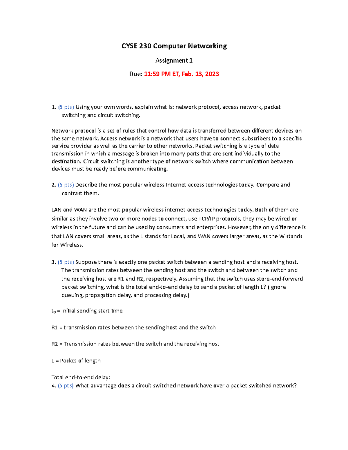 Homework 1 - Pushpita Barua - CYSE 230 Computer Networking Assignment 1 Due: 11:59 PM ET, Feb ...