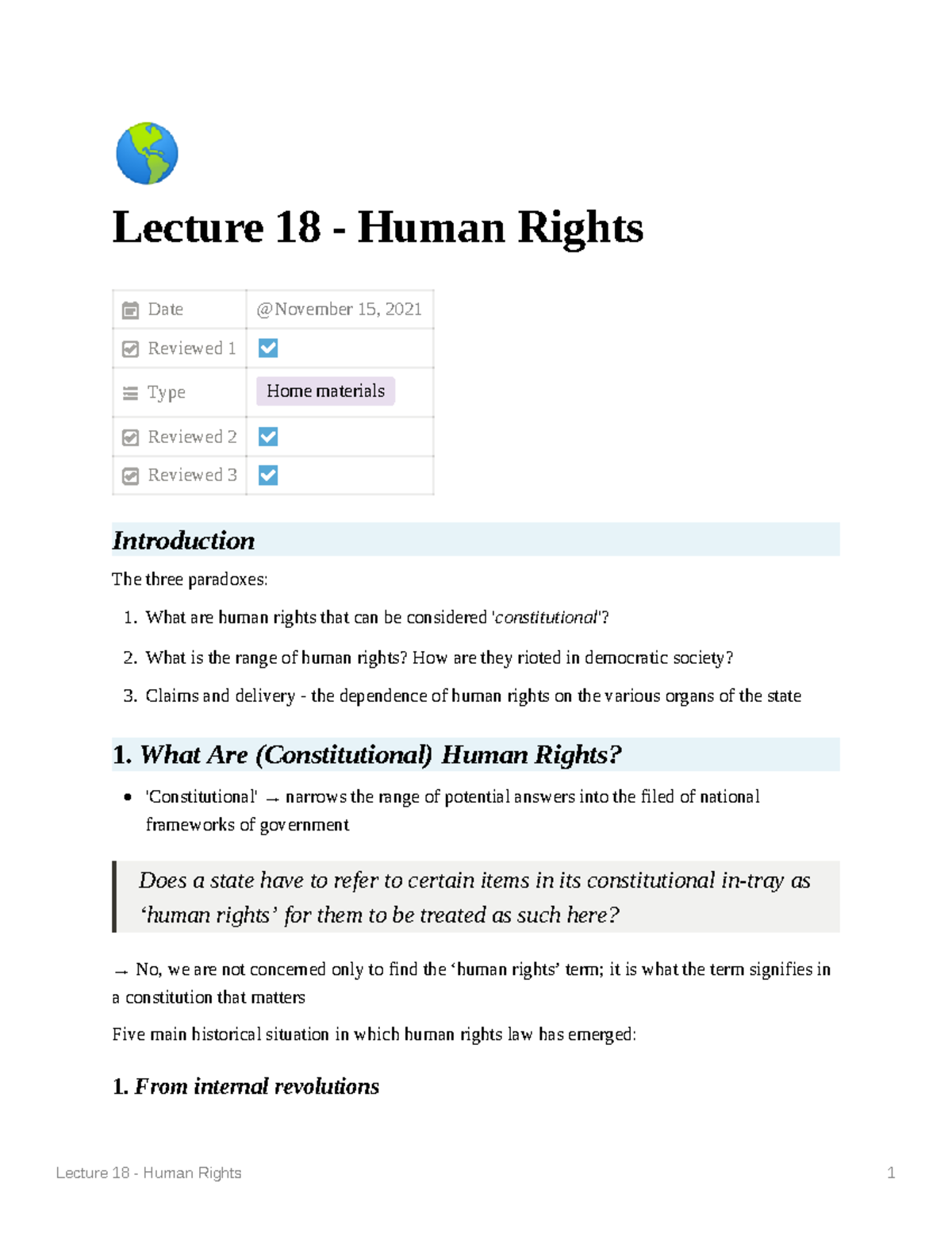Lecture 18 - Human Rights - 🌎 Lecture 18 - Human Rights Date Reviewed 1 ...
